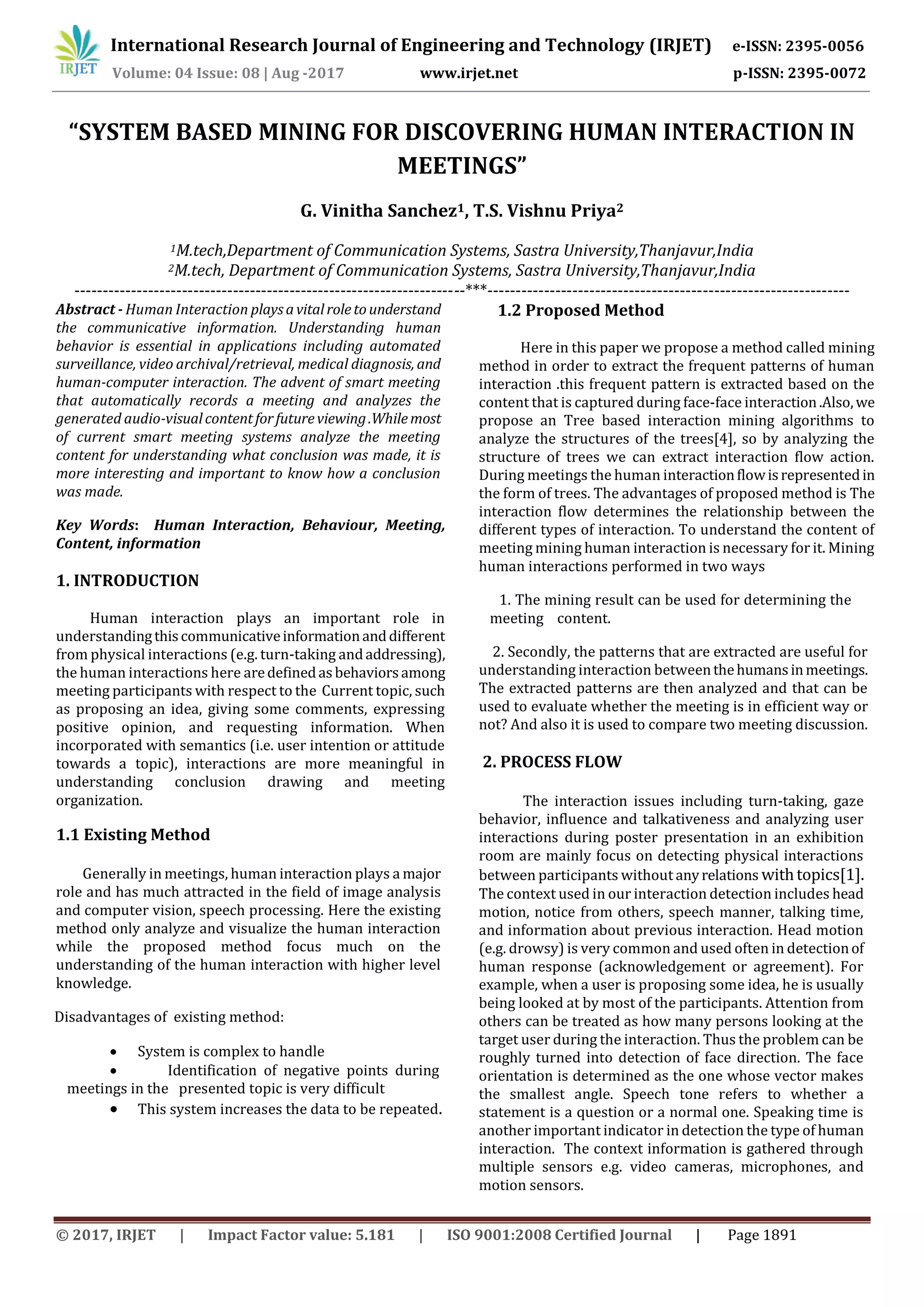 System Based Mining for Discovering Human Interaction in Meetings | PDF