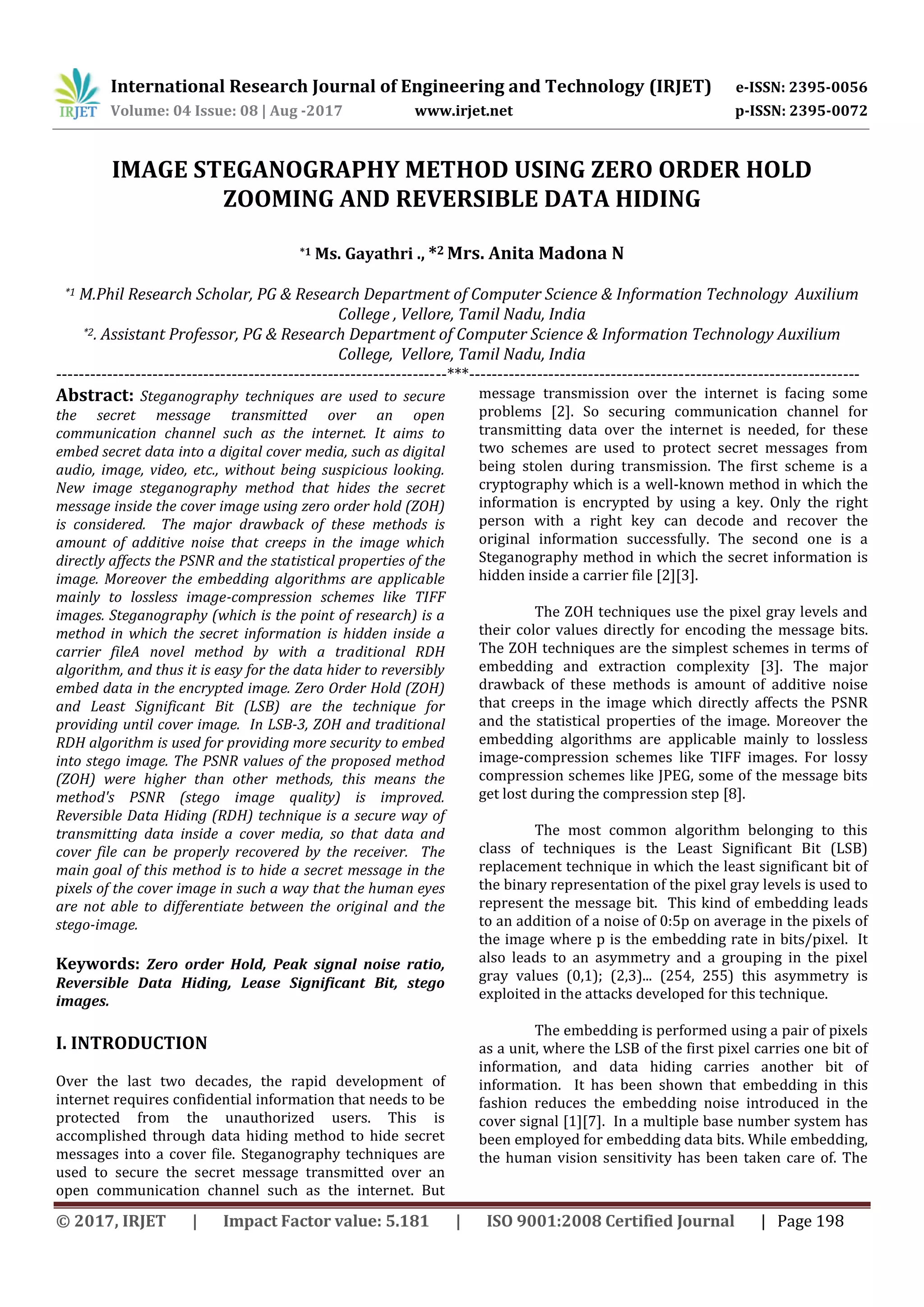 Image Steganography Method using Zero Order Hold Zooming and Reversible Data Hiding | PDF