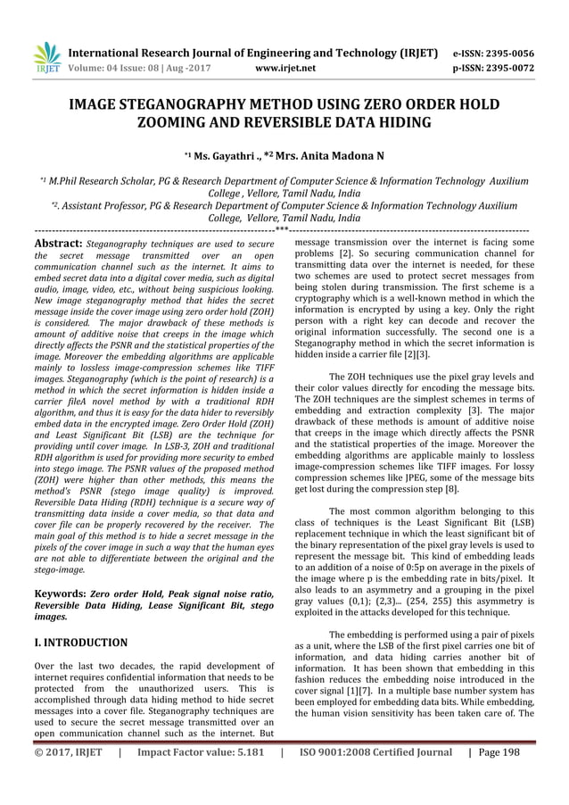 Image Steganography Method using Zero Order Hold Zooming and Reversible Data Hiding | PDF