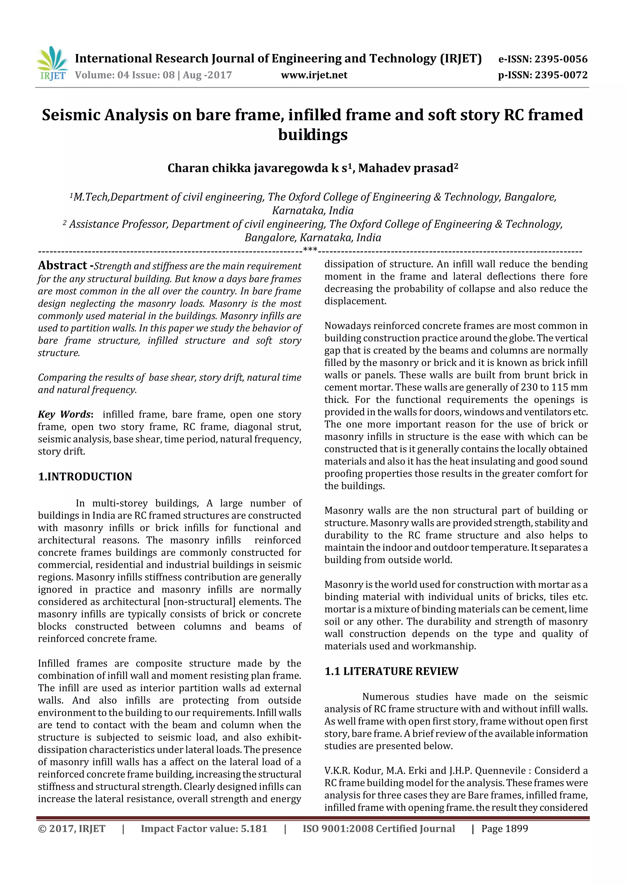 Seismic Analysis on Bare Frame, Infilled Frame and Soft Story RC Framed Buildings | PDF