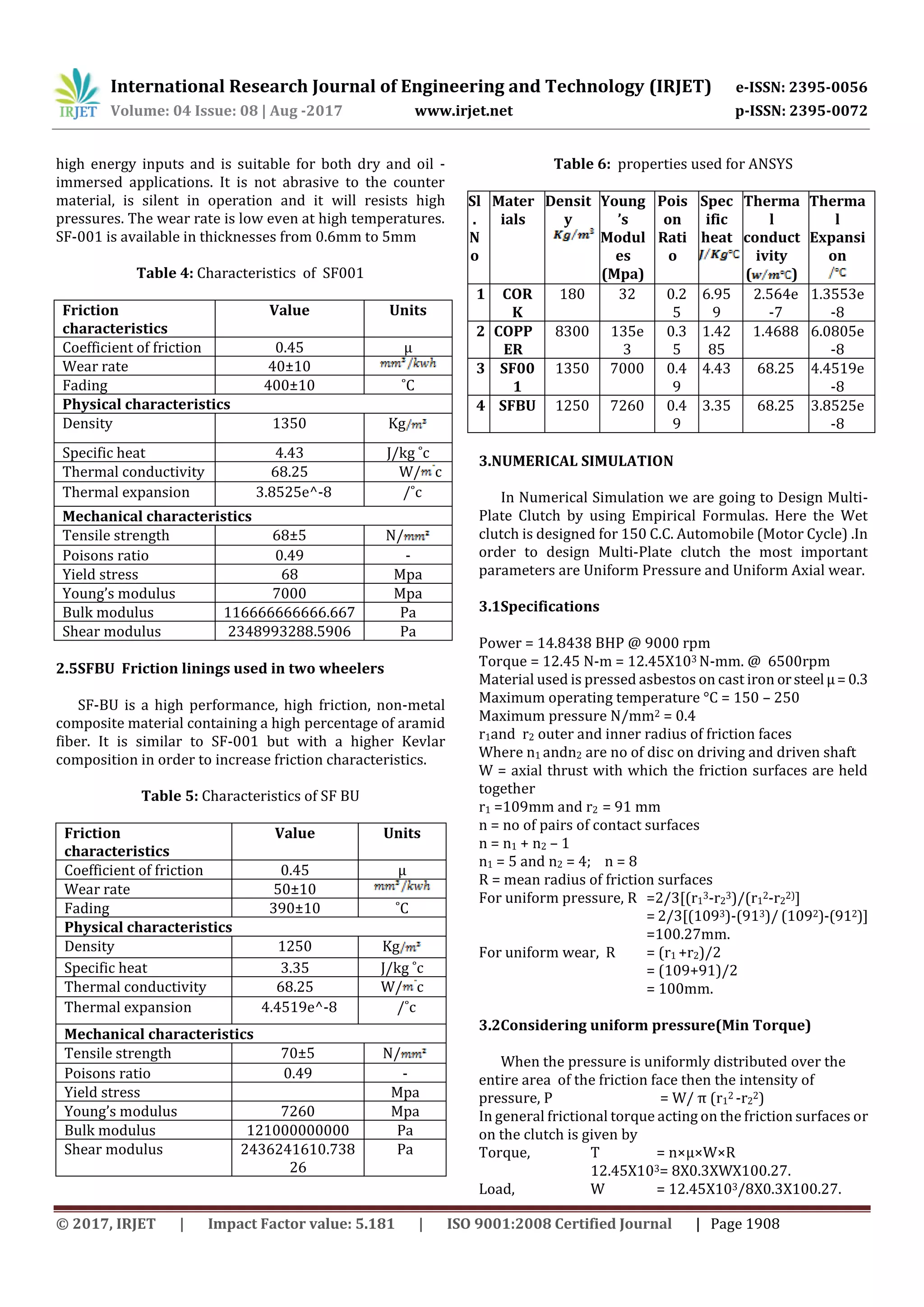 Finite Element Analysis On Friction Plate Of A Wet Multiple Clutch By