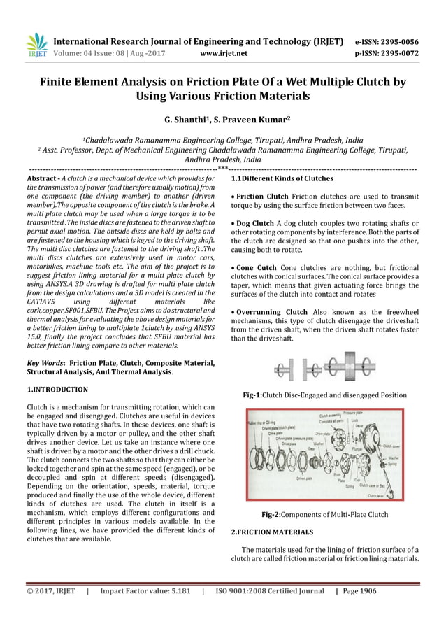 Finite Element Analysis On Friction Plate Of A Wet Multiple Clutch By Using Various Friction