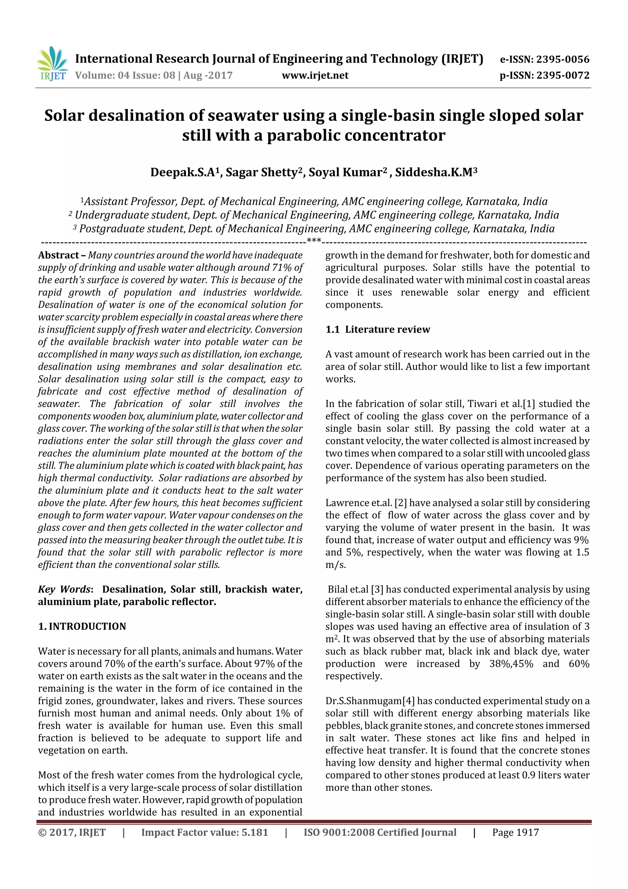 Solar Desalination Of Seawater Using A Single Basin Single Sloped Solar Still With A Parabolic