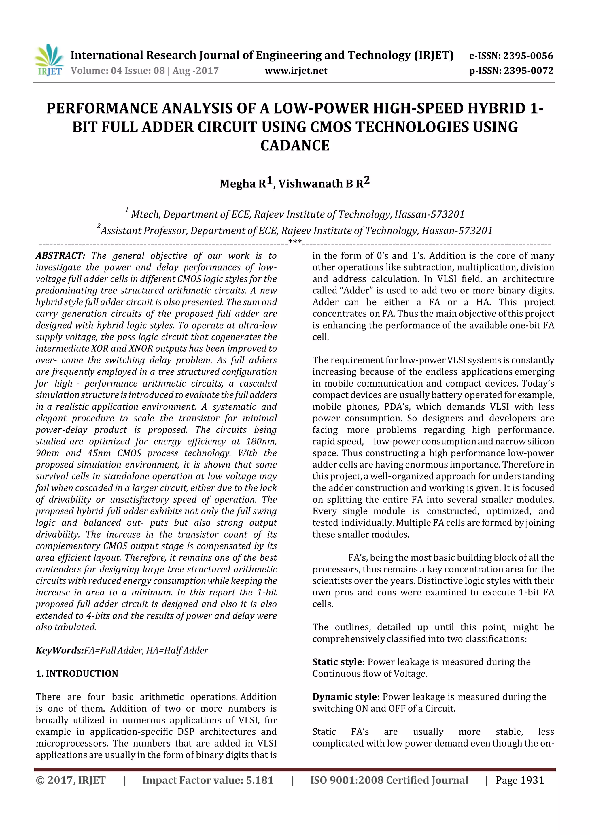 Performance Analysis of a Low-Power High-Speed Hybrid 1-Bit Full Adder Circuit using Cmos ...