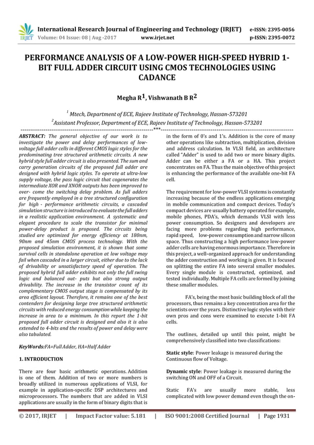 Performance Analysis of a Low-Power High-Speed Hybrid 1-Bit Full Adder Circuit using Cmos ...