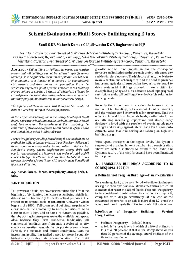 Seismic Evaluation Of Multi Storey Building Using E Tabs Pdf