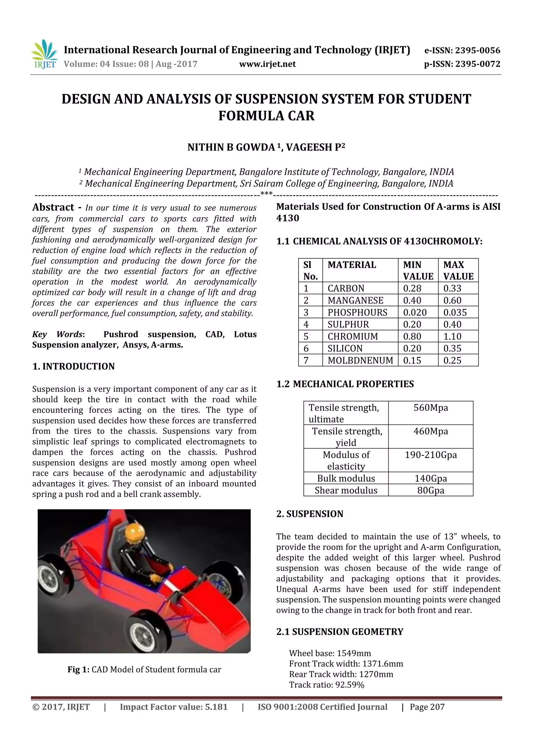 Design and Analysis of Suspension System for Student Formula Car | PDF