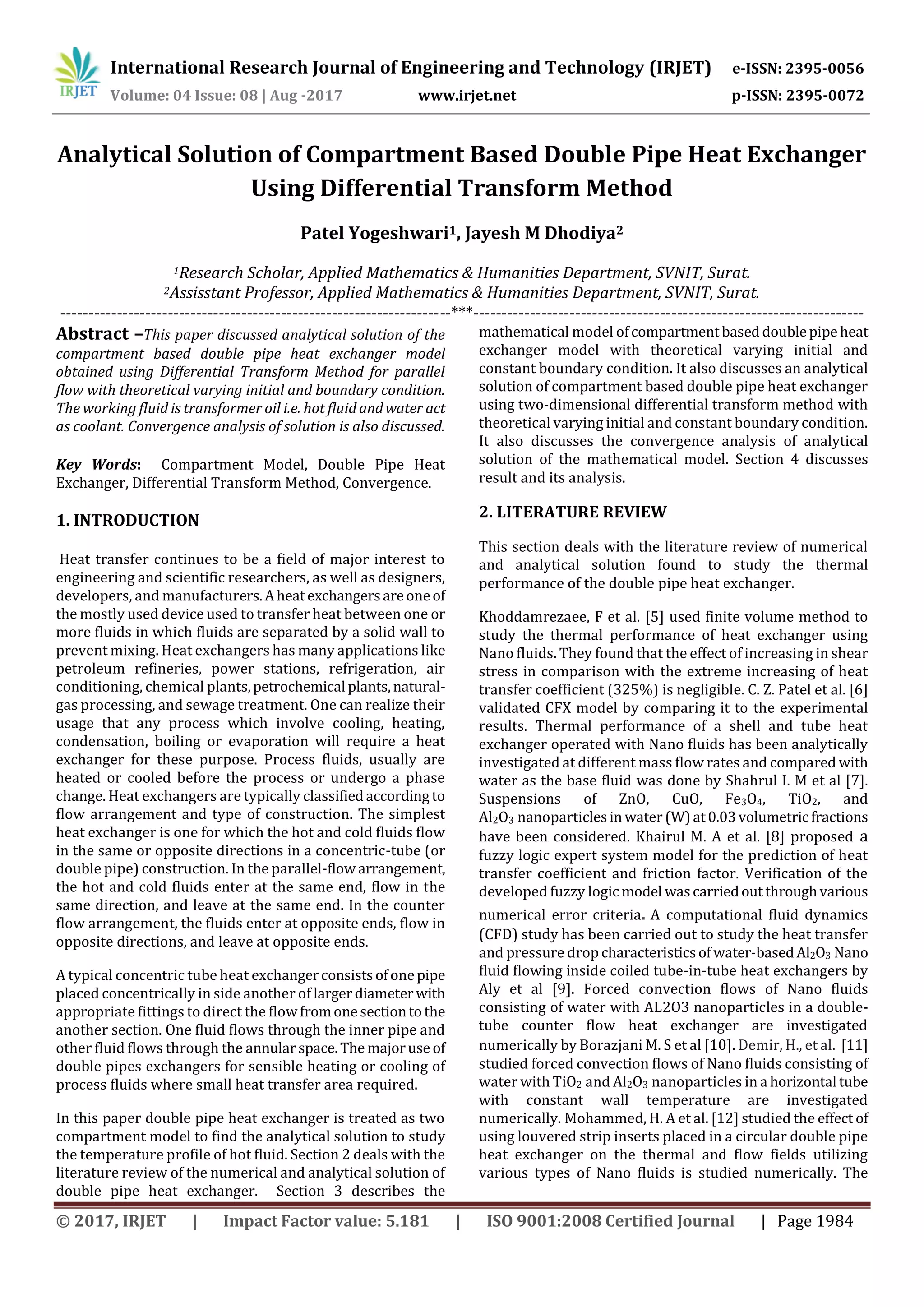 Analytical Solution of Compartment Based Double Pipe Heat Exchanger using Differential Transform ...