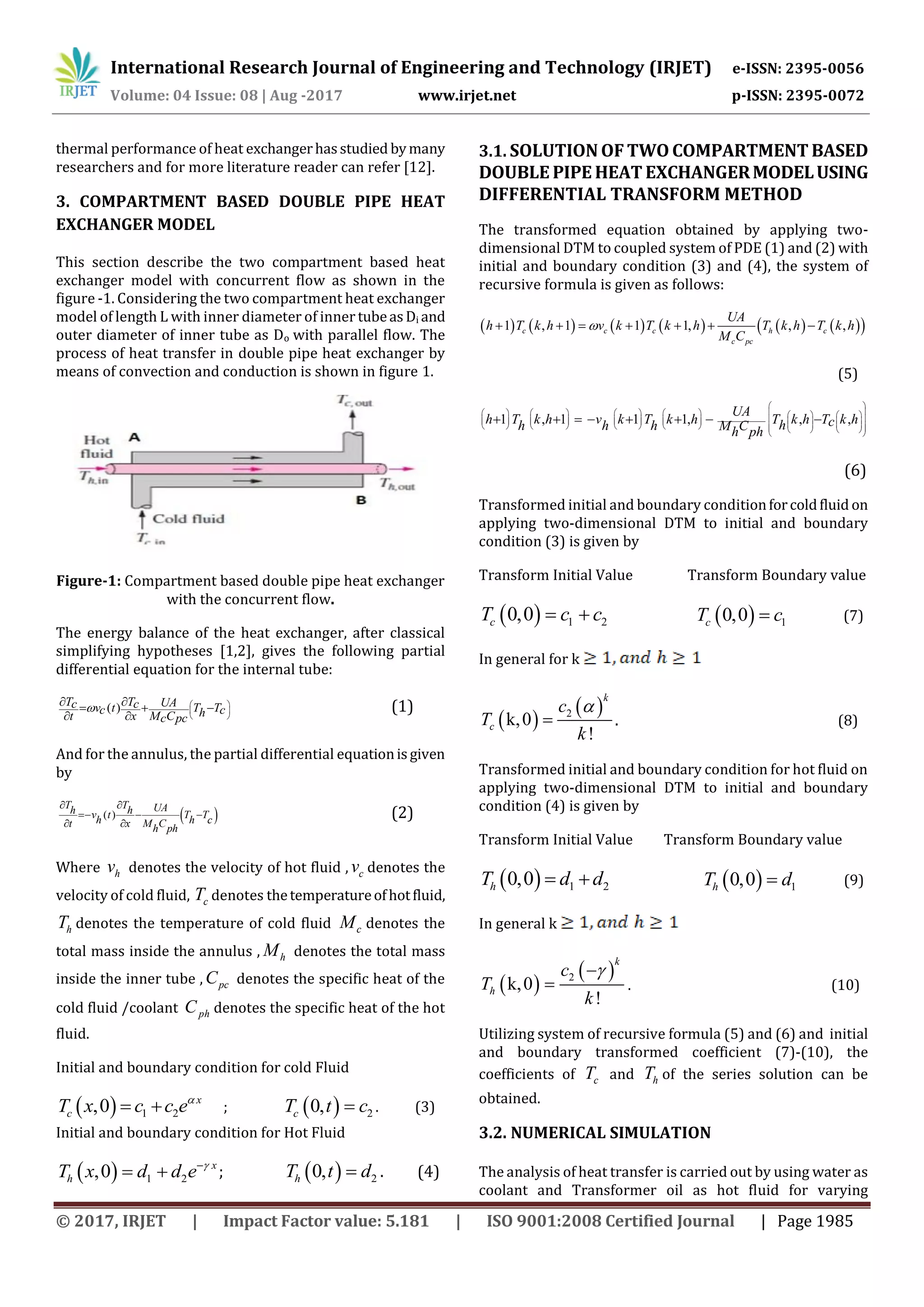 Analytical Solution of Compartment Based Double Pipe Heat Exchanger using Differential Transform ...