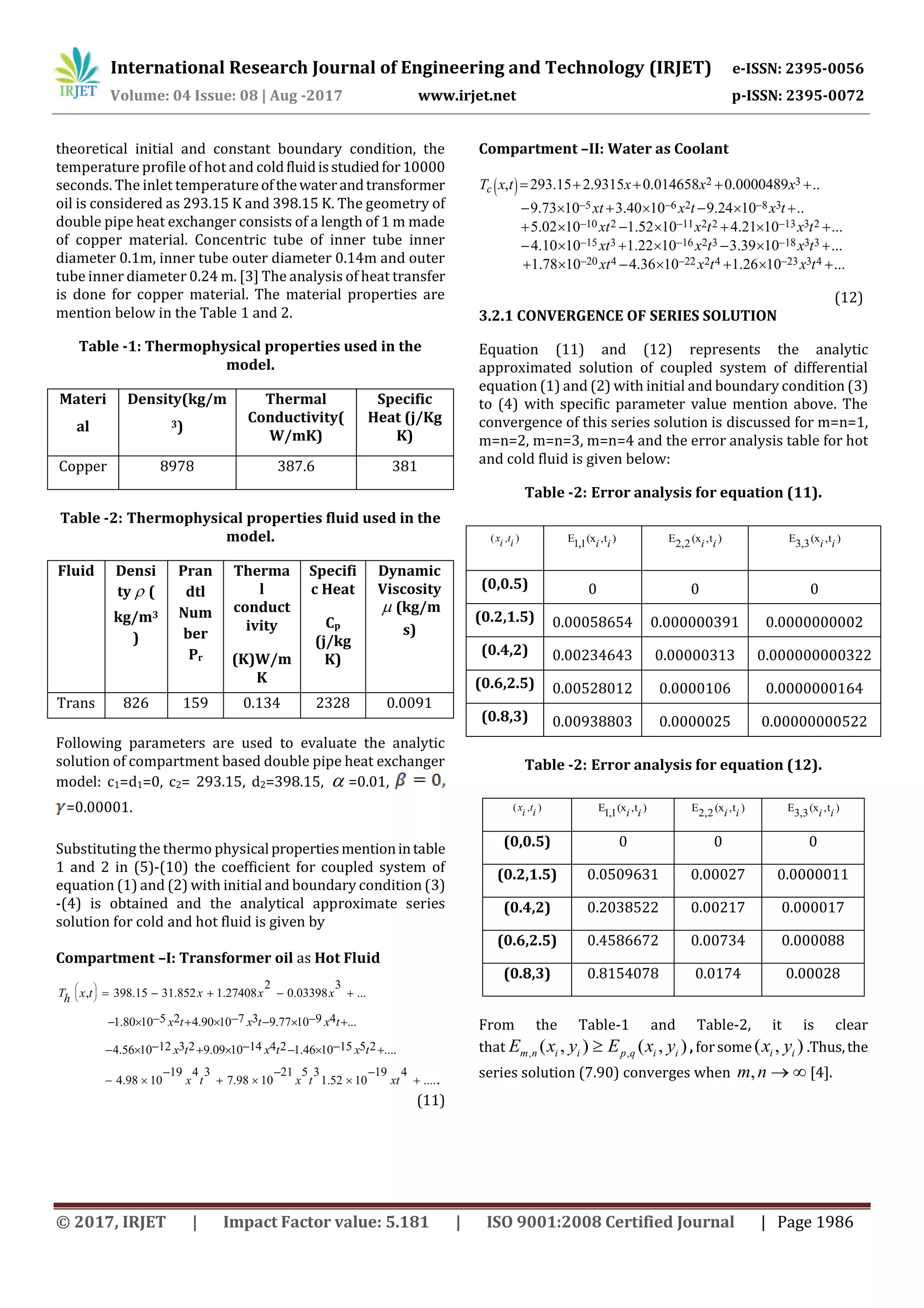 Analytical Solution of Compartment Based Double Pipe Heat Exchanger using Differential Transform ...