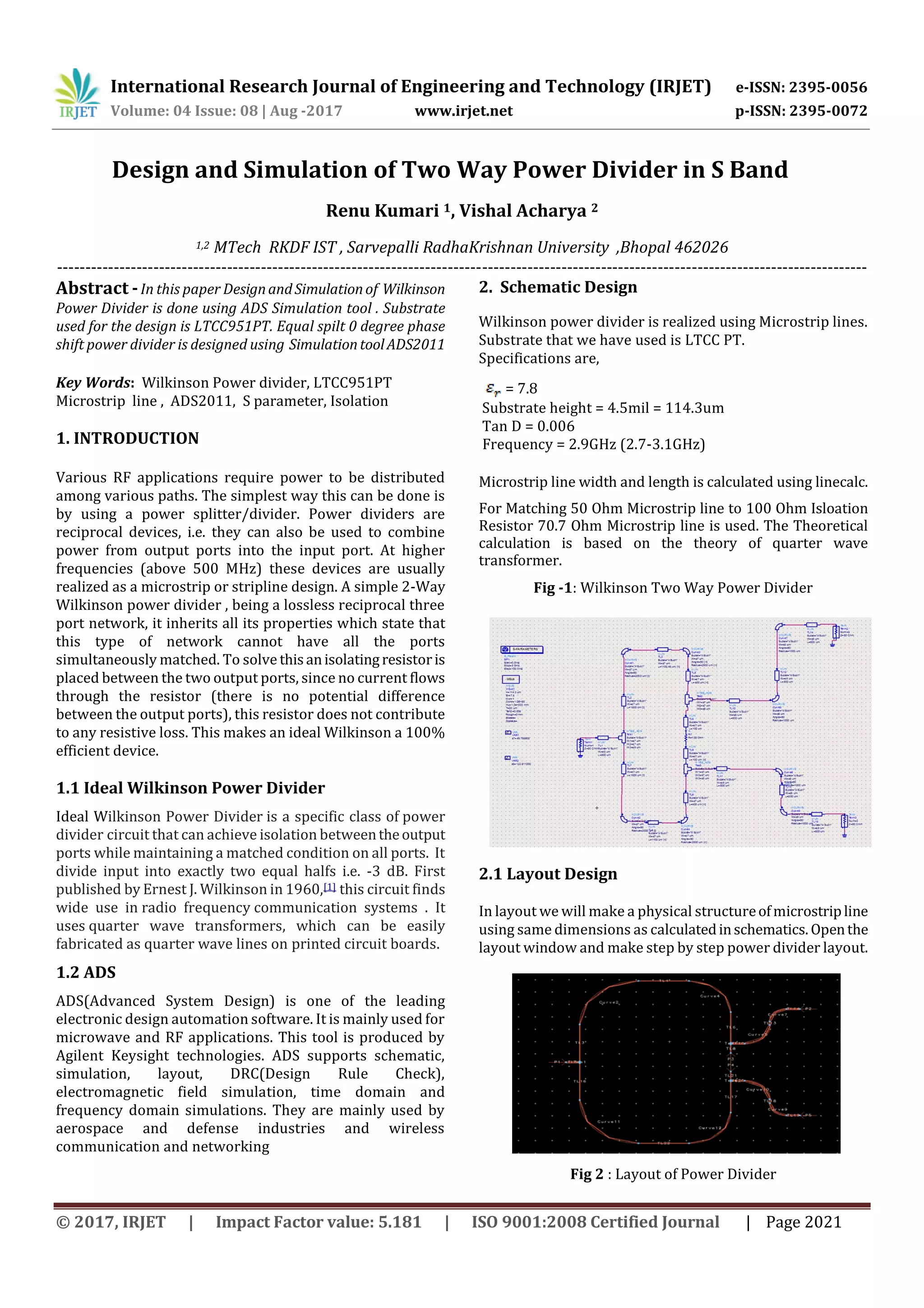 Design and Simulation of Two Way Power Divider in S Band | PDF