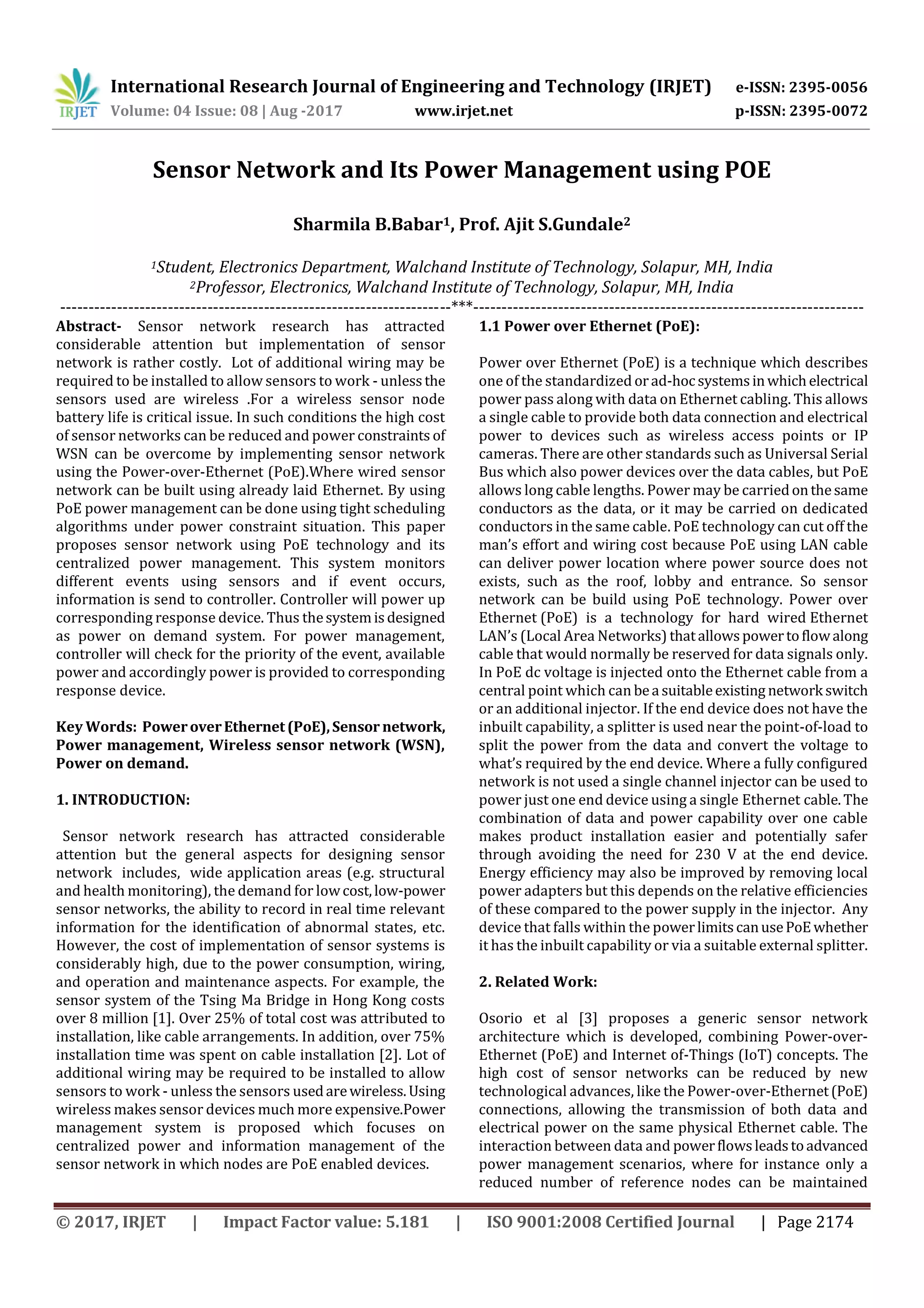 Sensor Network and its Power Management using POE | PDF | Internet of Things | Internet