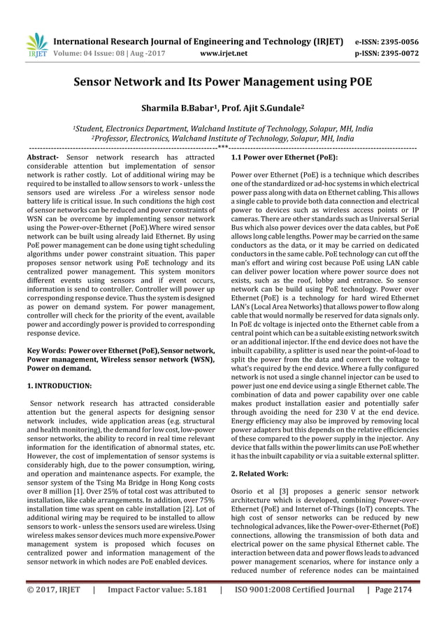 Sensor Network and its Power Management using POE | PDF