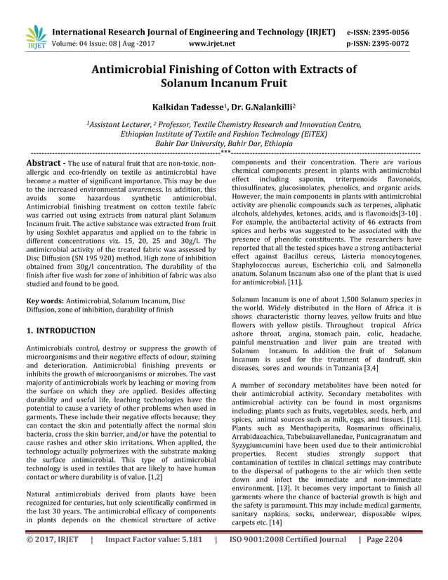 Antimicrobial Finishing of Cotton with Extracts of Solanum Incanum Fruit | PDF