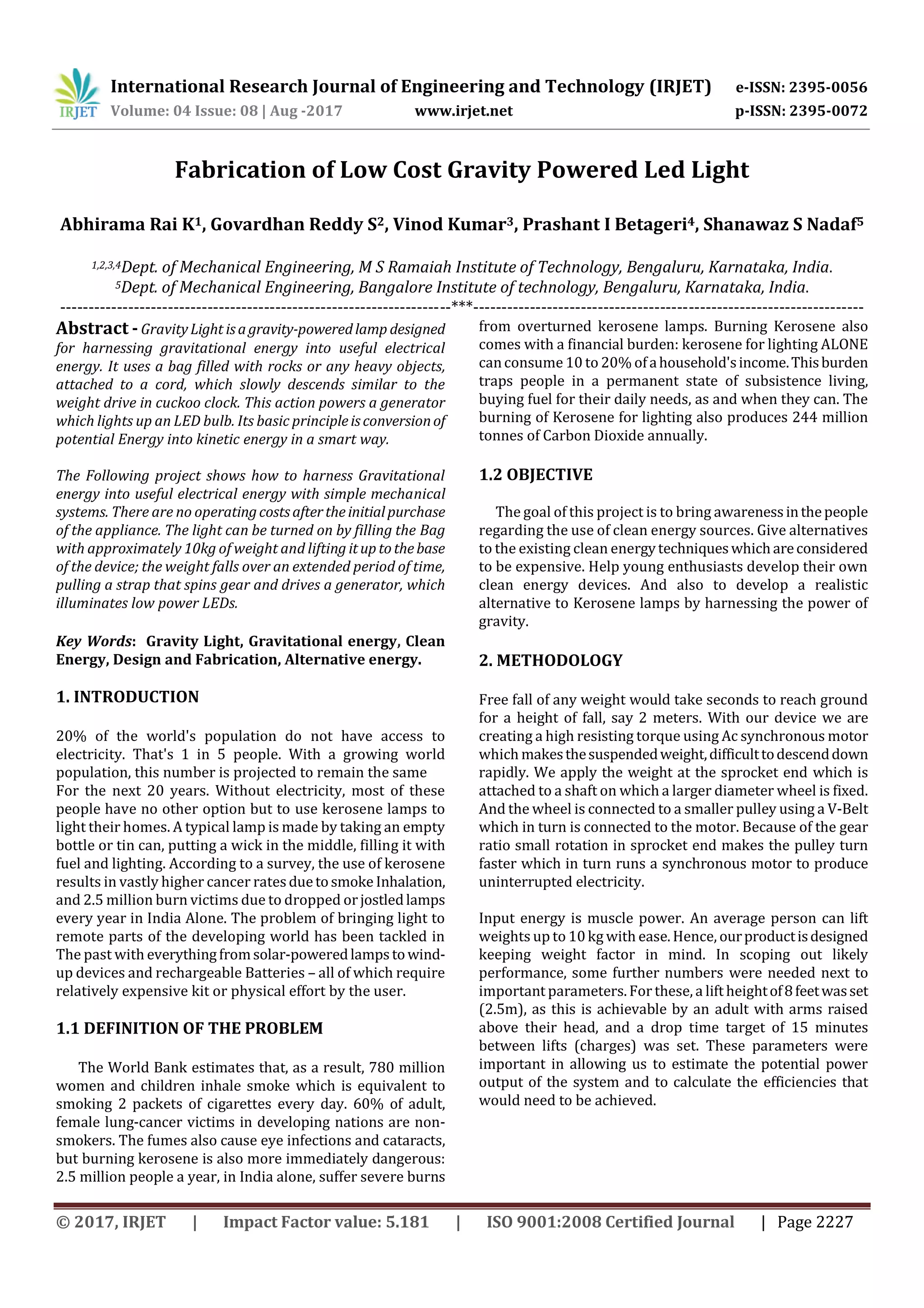 Fabrication of Low Cost Gravity Powered Led Light | PDF