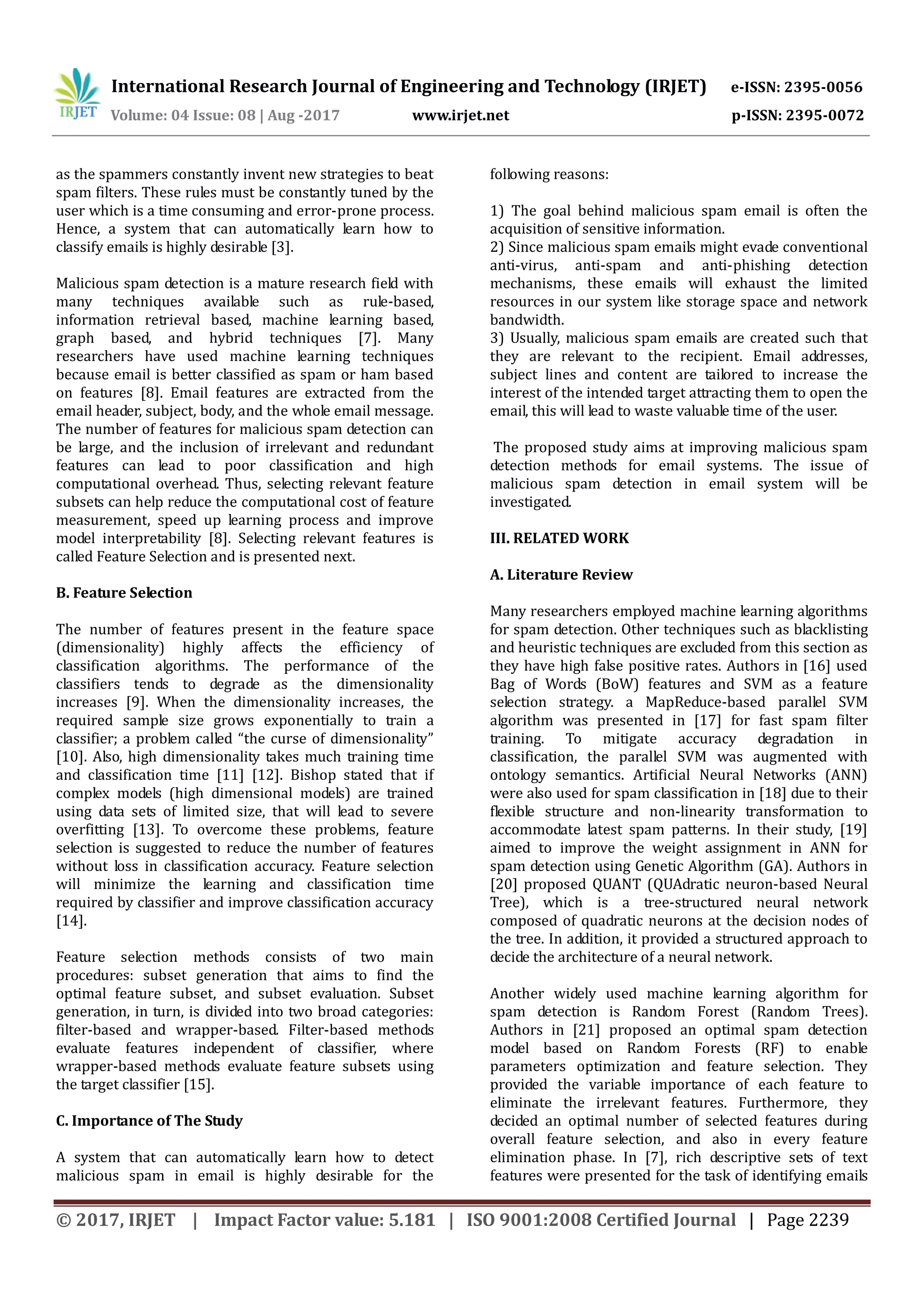 An Approach for Malicious Spam Detection in Email with Comparison of Different Classifiers | PDF