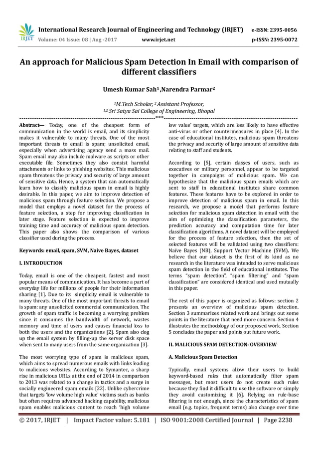 An Approach for Malicious Spam Detection in Email with Comparison of Different Classifiers | PDF