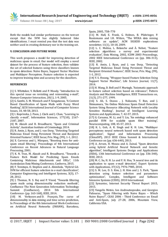 An Approach for Malicious Spam Detection in Email with Comparison of Different Classifiers | PDF