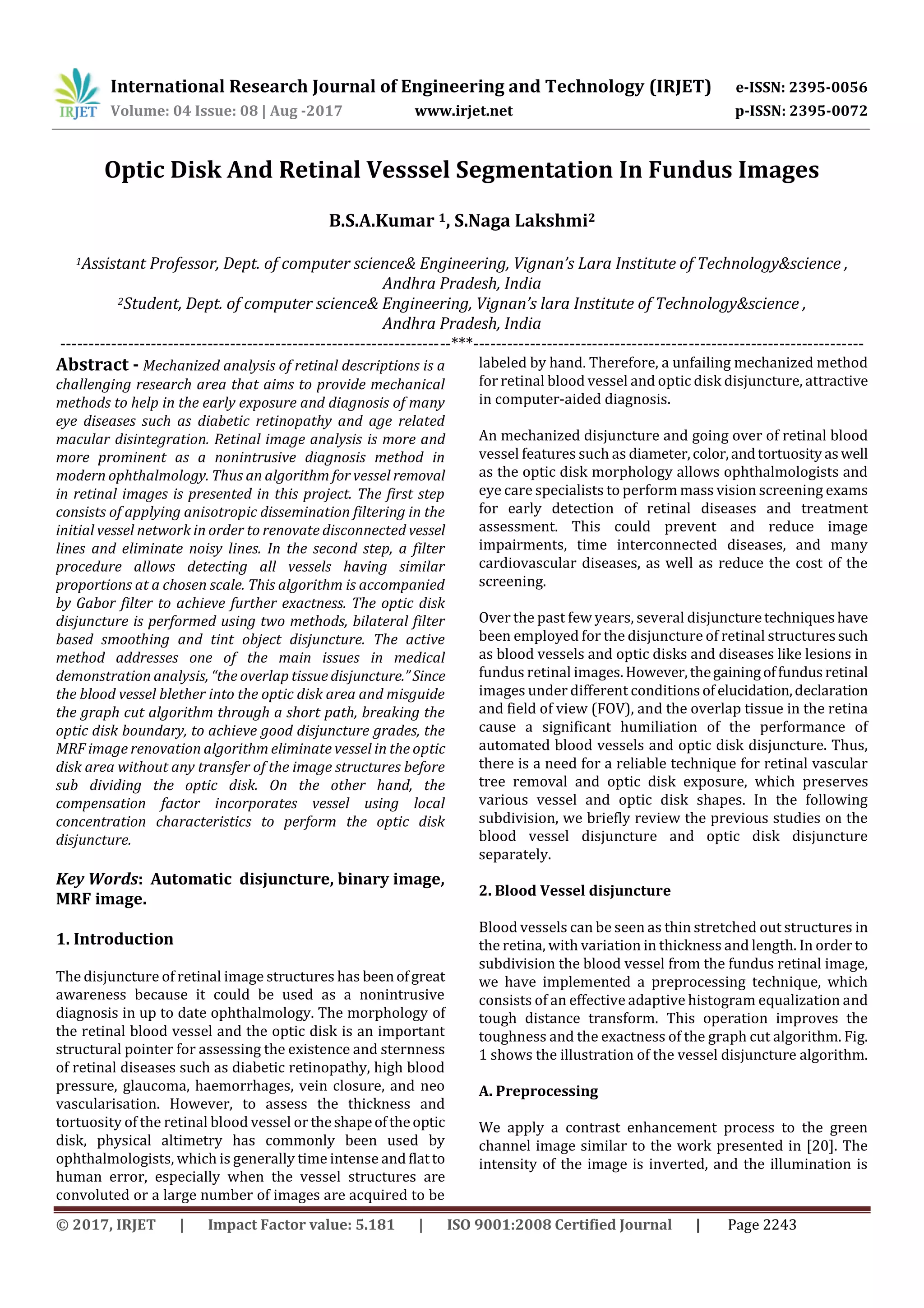 Optic Disk and Retinal Vesssel Segmentation in Fundus Images | PDF