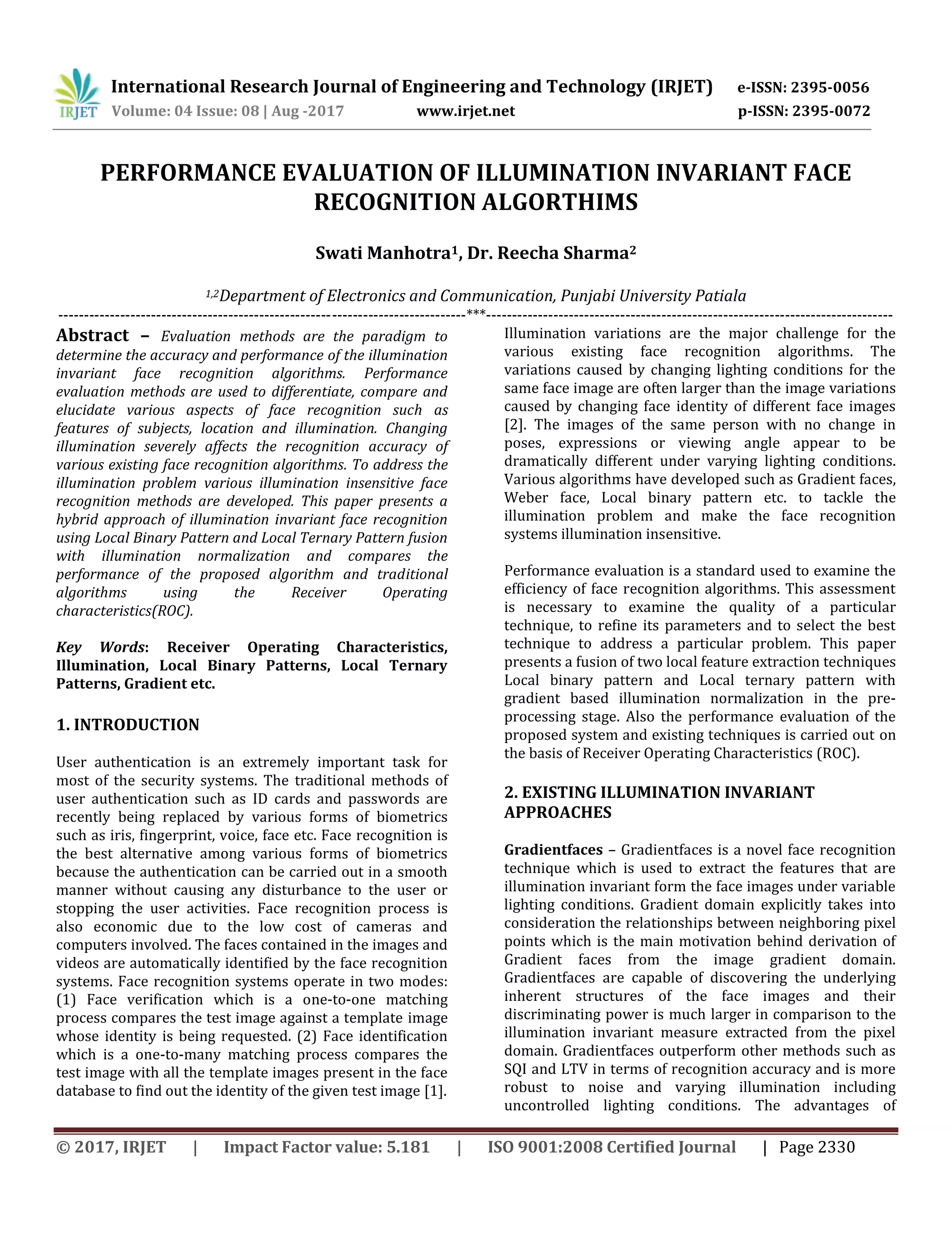 Performance Evaluation of Illumination Invariant Face Recognition Algorthims | PDF