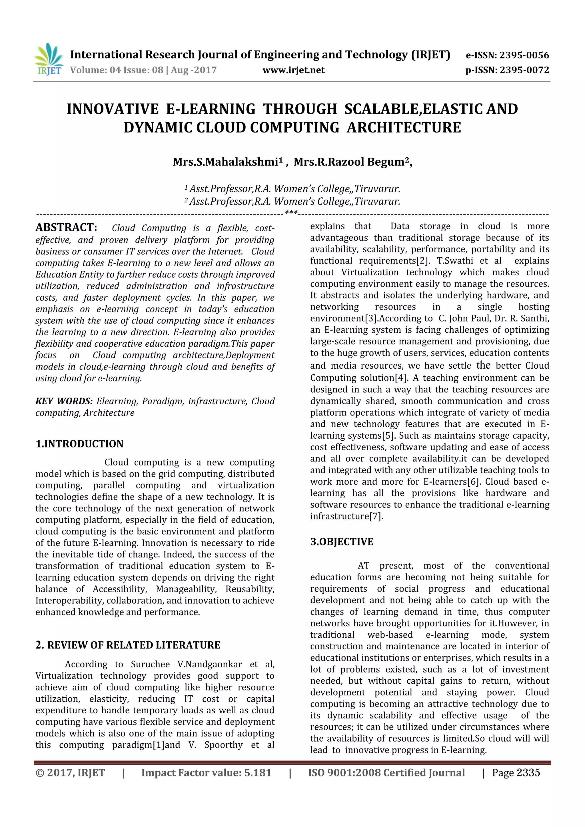 Innovative E-Learning through Scalable,Elastic and Dynamic Cloud Computing Architecture | PDF