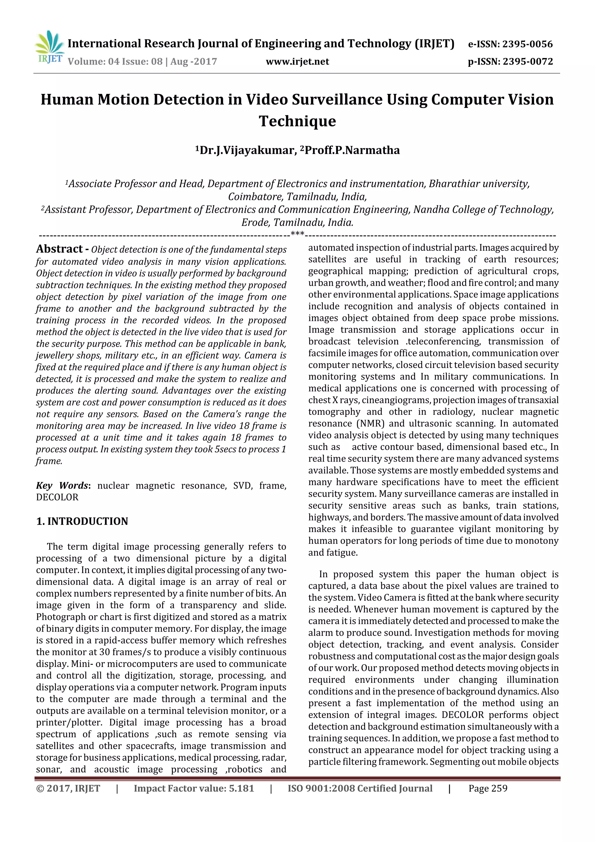 Human Motion Detection in Video Surveillance using Computer Vision Technique | PDF