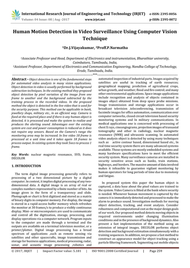 Human Motion Detection in Video Surveillance using Computer Vision Technique | PDF