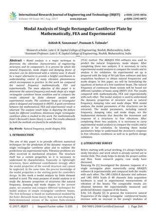Modal Analysis of Single Rectangular Cantilever Plate by Mathematically, FEA and Experimental ...