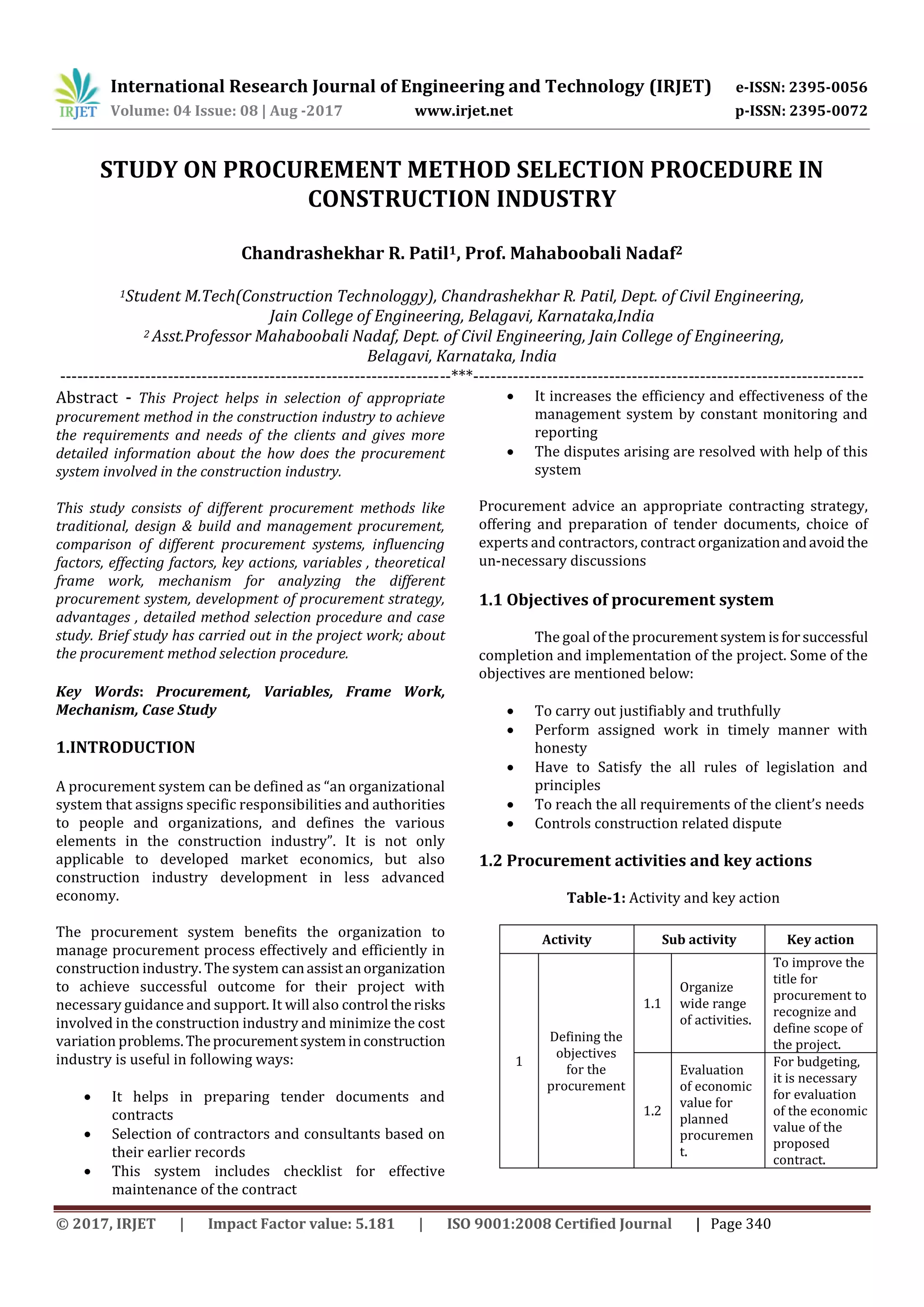 Study on Procurement Method Selection Procedure in Construction ...