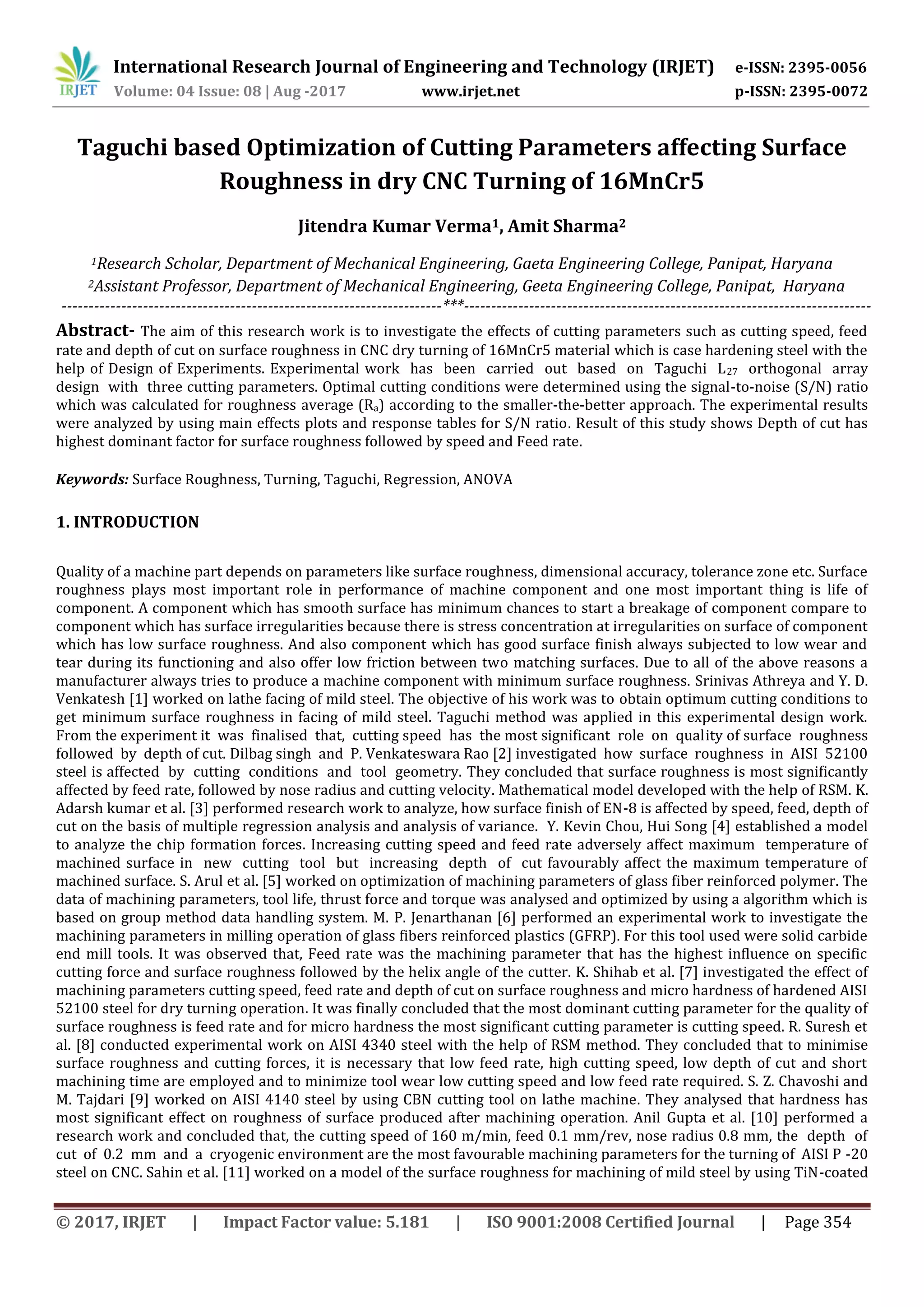 Taguchi Based Optimization Of Cutting Parameters Affecting Surface