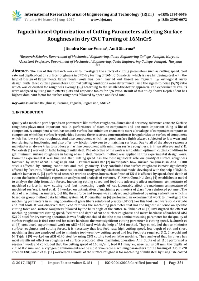 Taguchi Based Optimization Of Cutting Parameters Affecting Surface