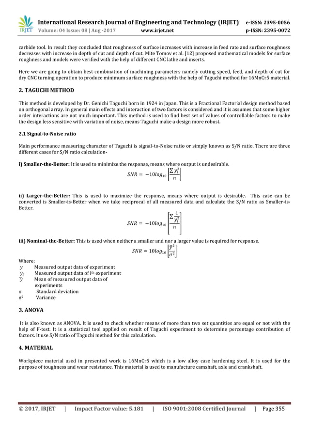Taguchi Based Optimization Of Cutting Parameters Affecting Surface