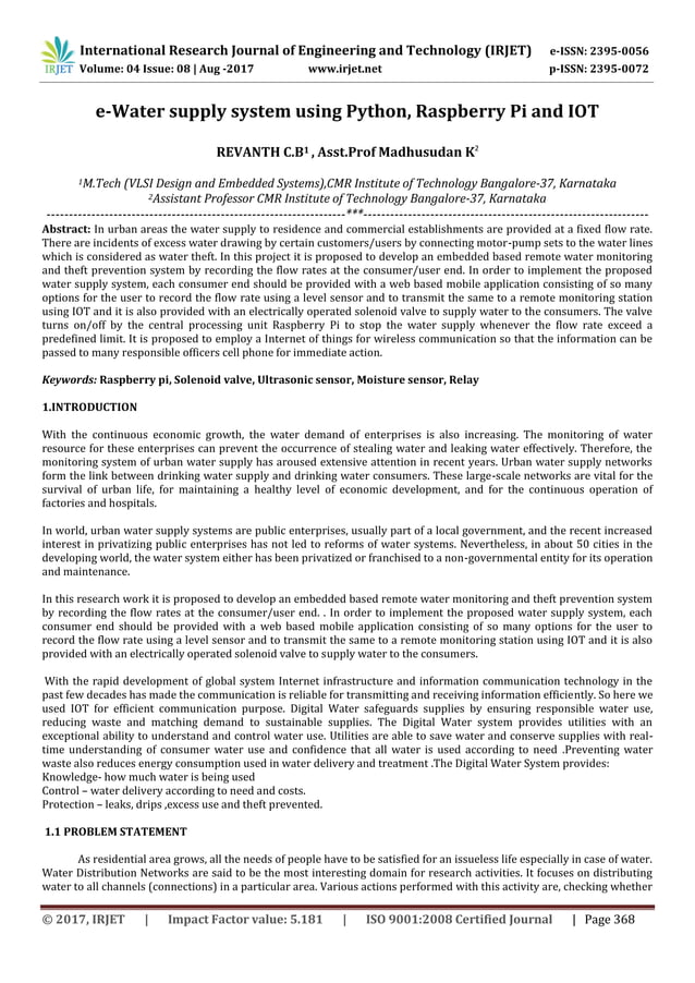 e-Water Supply System using Python, Raspberry Pi and IOT | PDF
