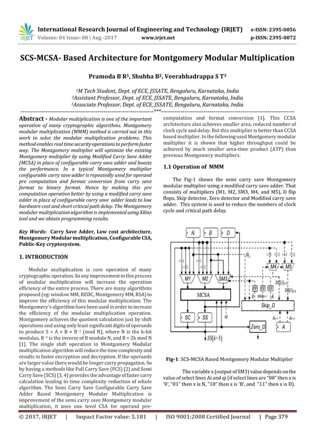 SCS-MCSA- Based Architecture for Montgomery Modular Multiplication | PDF