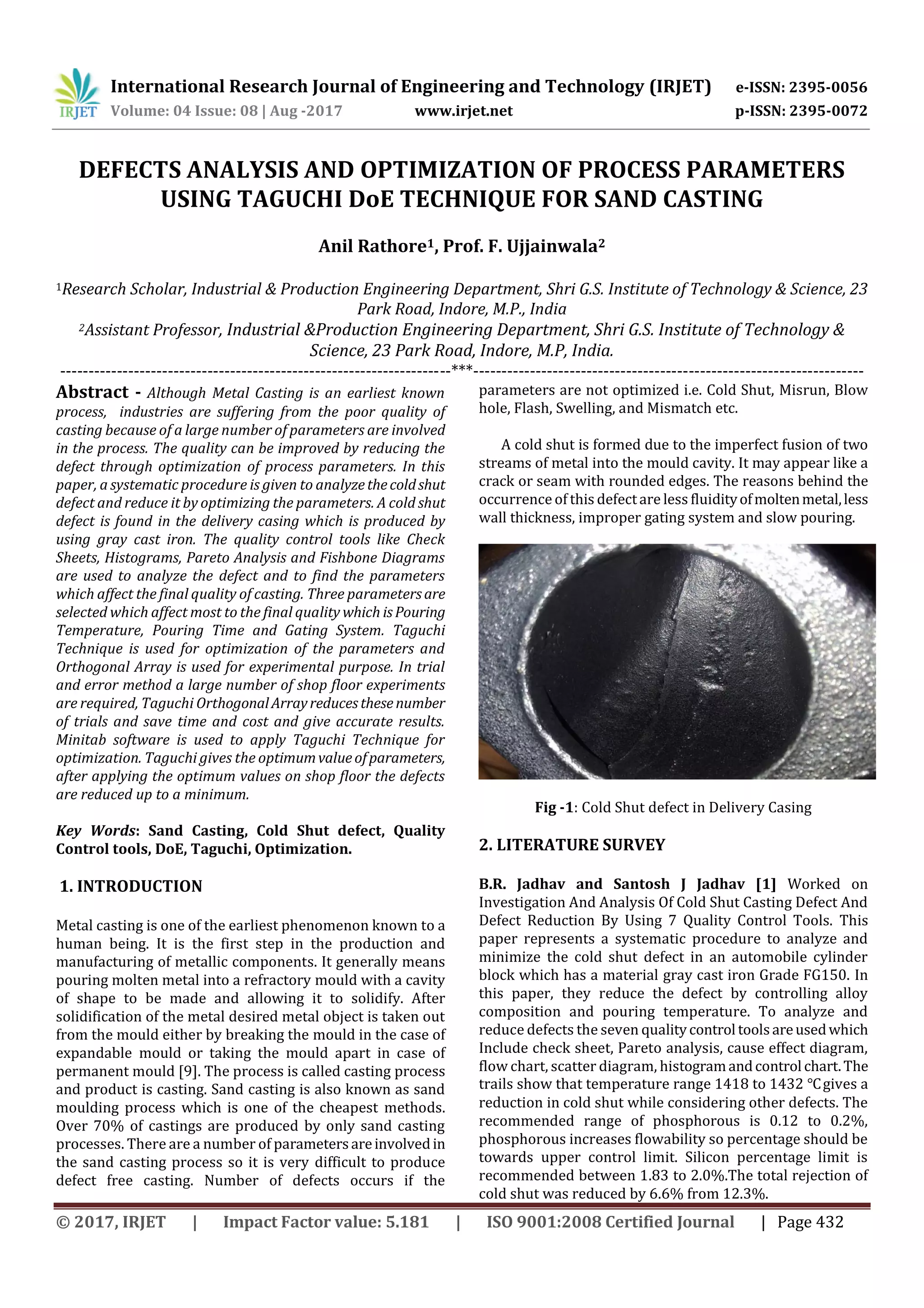 Defects Analysis and Optimization of Process Parameters using Taguchi Doe Technique for Sand ...