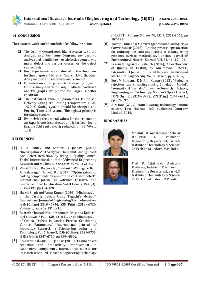 Defects Analysis And Optimization Of Process Parameters Using Taguchi Doe Technique For Sand