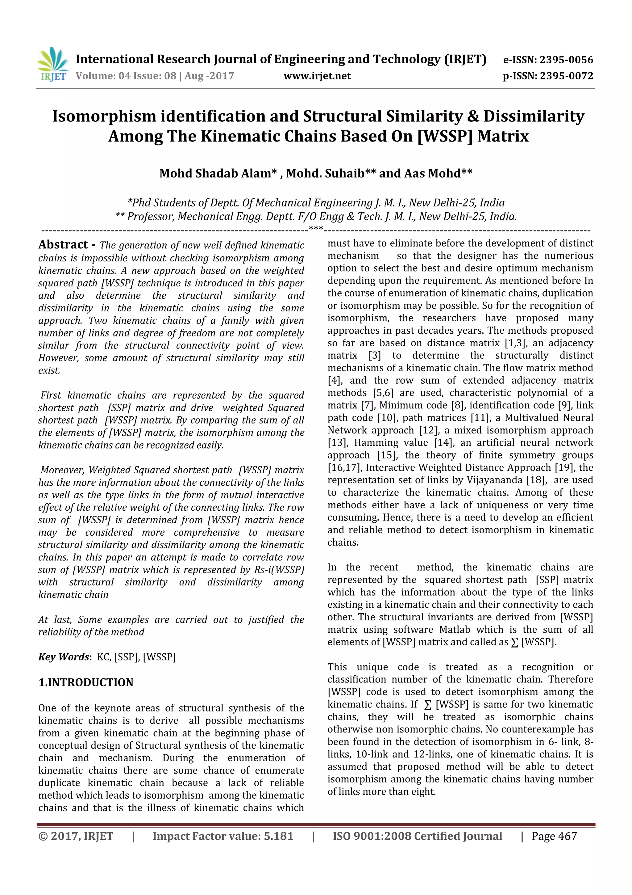 Isomorphism Identification And Structural Similarity And Dissimilarity Among The Kinematic Chains