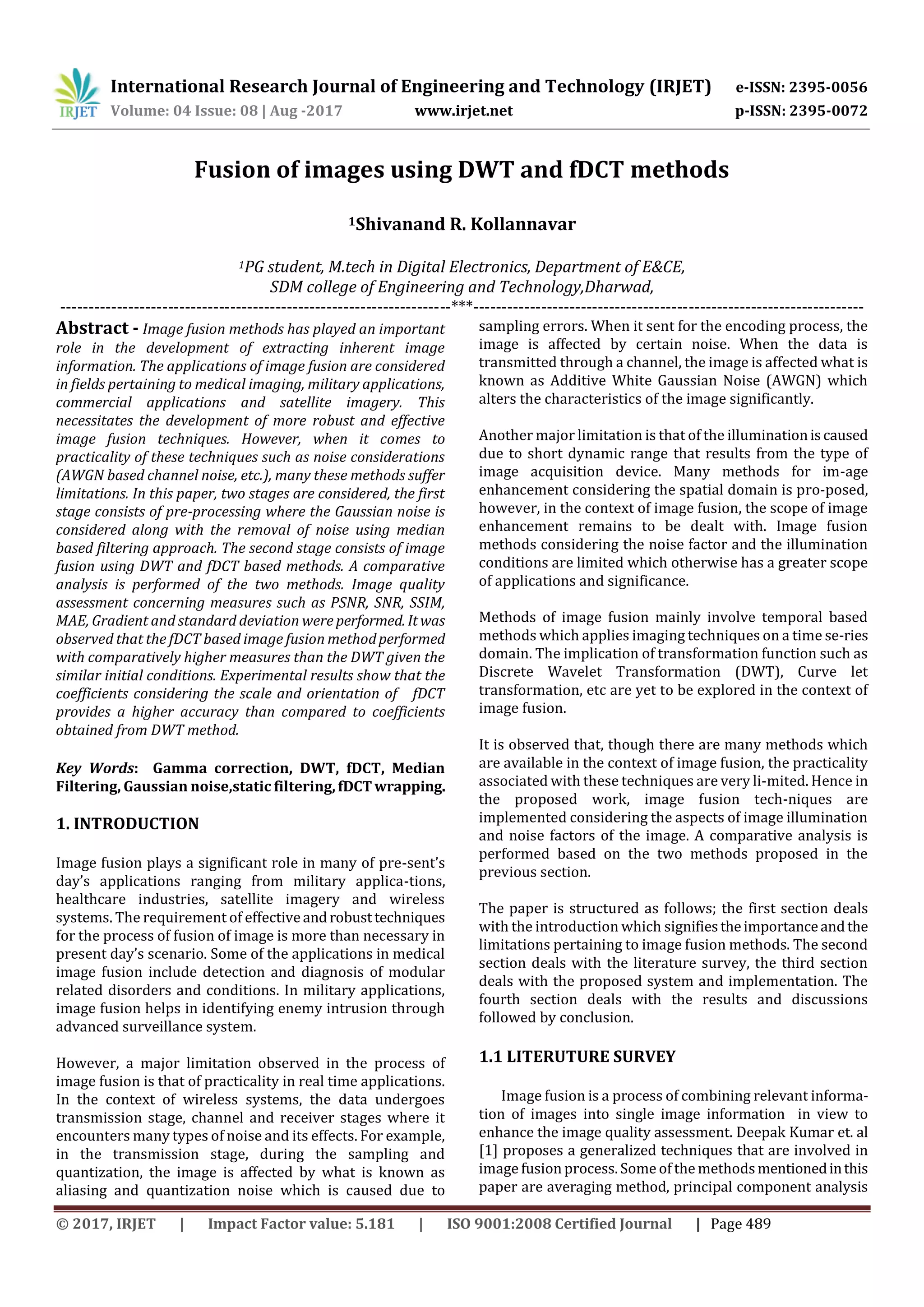 Fusion of Images using DWT and fDCT Methods | PDF