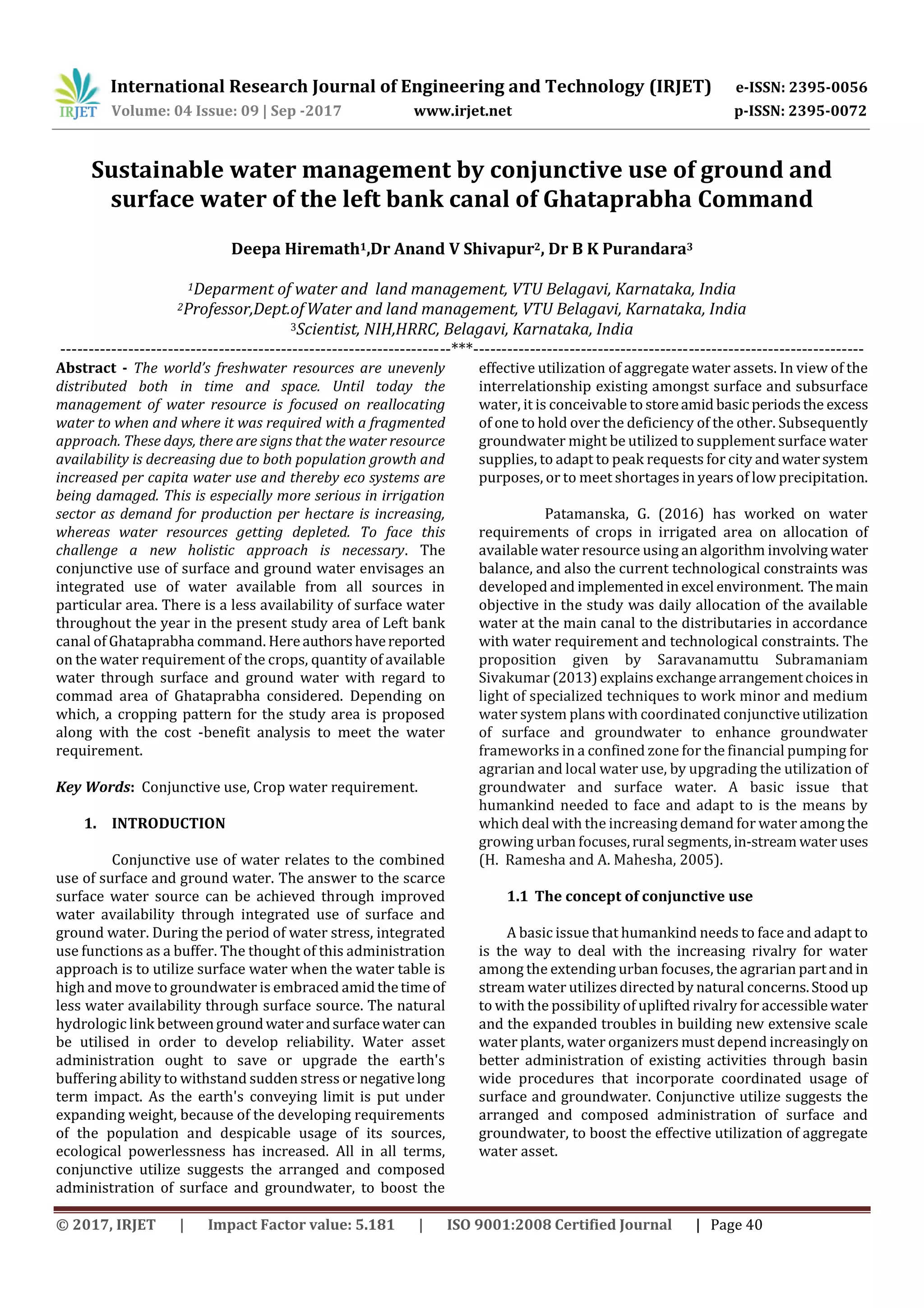 Sustainable Water Management by Conjunctive use of Ground and Surface Water of the Left Bank ...