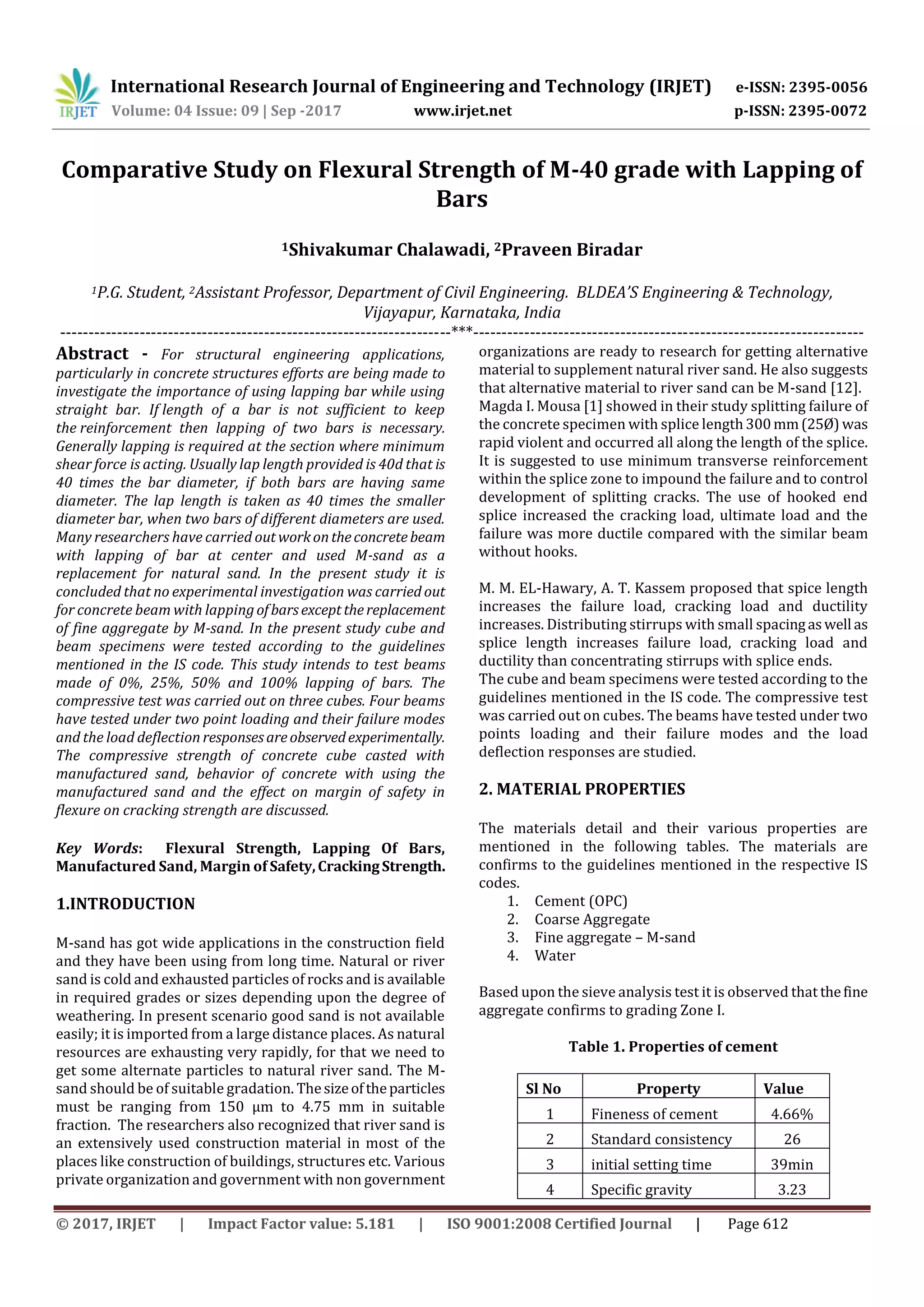 Comparative Study on Flexural Strength of M-40 Grade with Lapping of Bars | PDF