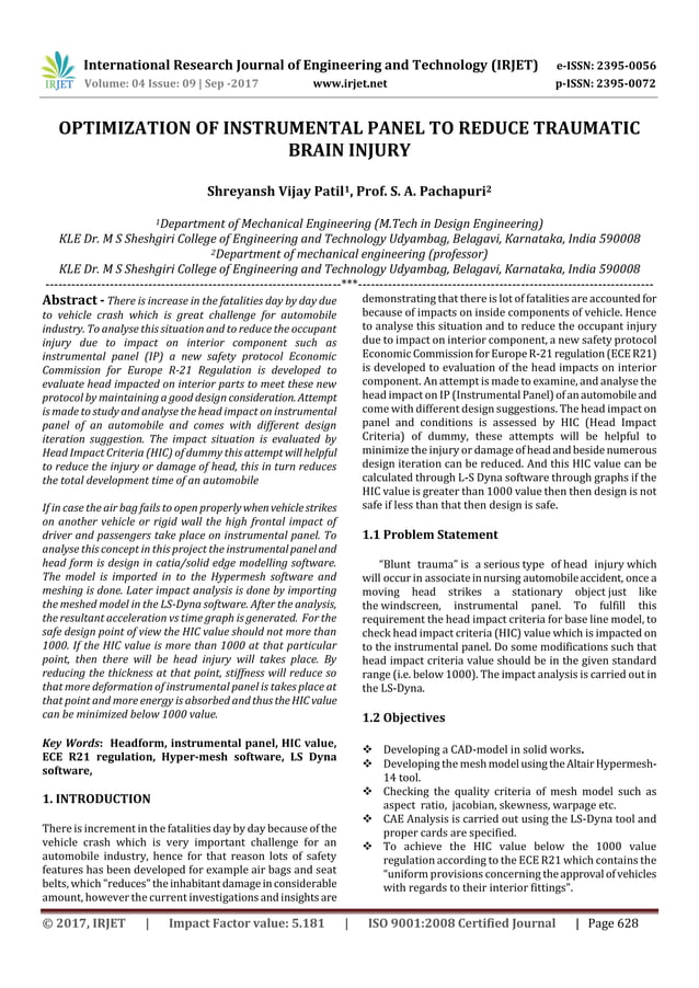 Optimization of Instrumental Panel to Reduce Traumatic Brain Injury | PDF