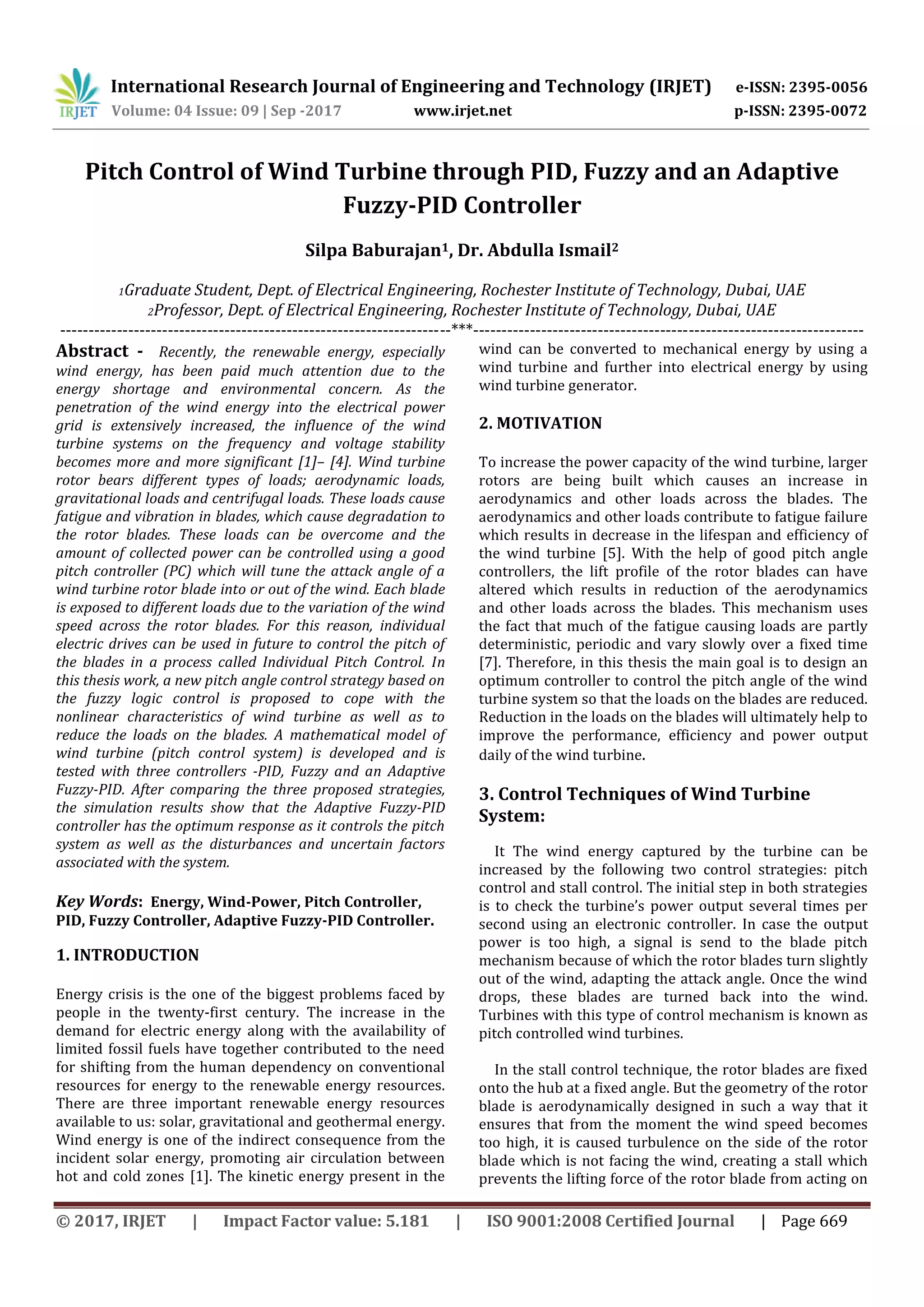Pitch Control of Wind Turbine through PID, Fuzzy and an Adaptive Fuzzy-PID Controller | PDF