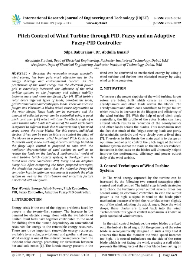 Pitch Control of Wind Turbine through PID, Fuzzy and an Adaptive Fuzzy-PID Controller | PDF
