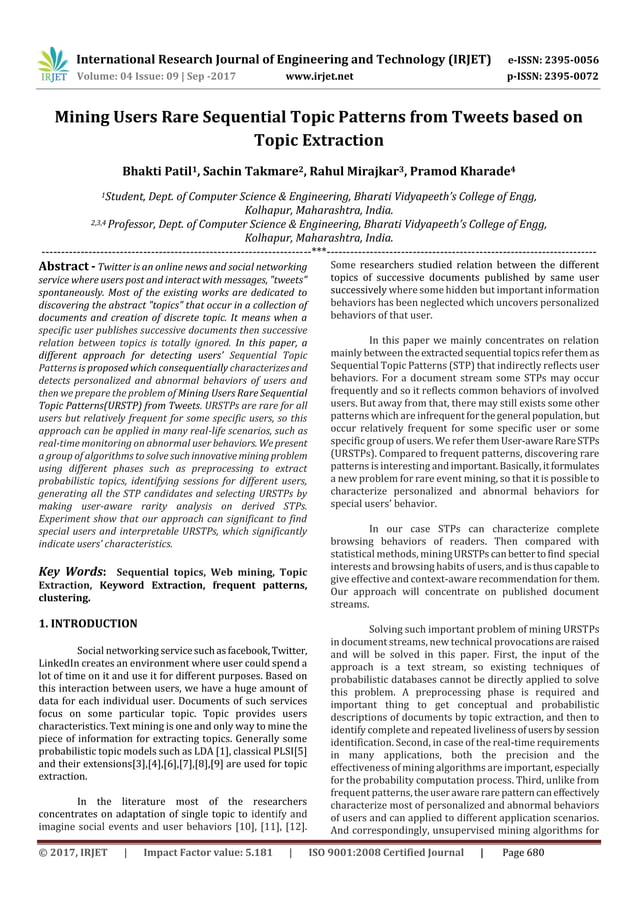 Mining Users Rare Sequential Topic Patterns from Tweets based on Topic ...