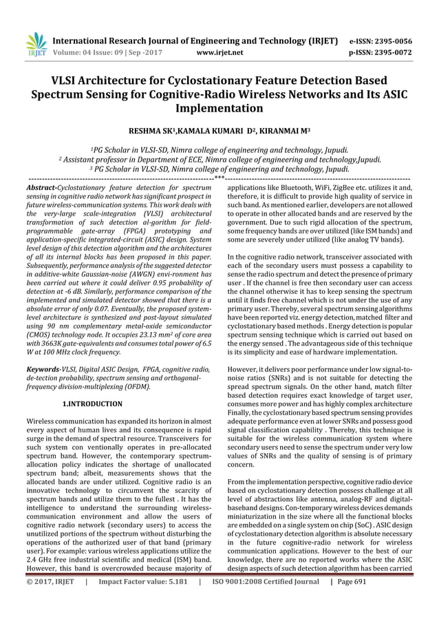 Vlsi Architecture For Cyclostationary Feature Detection Based Spectrum