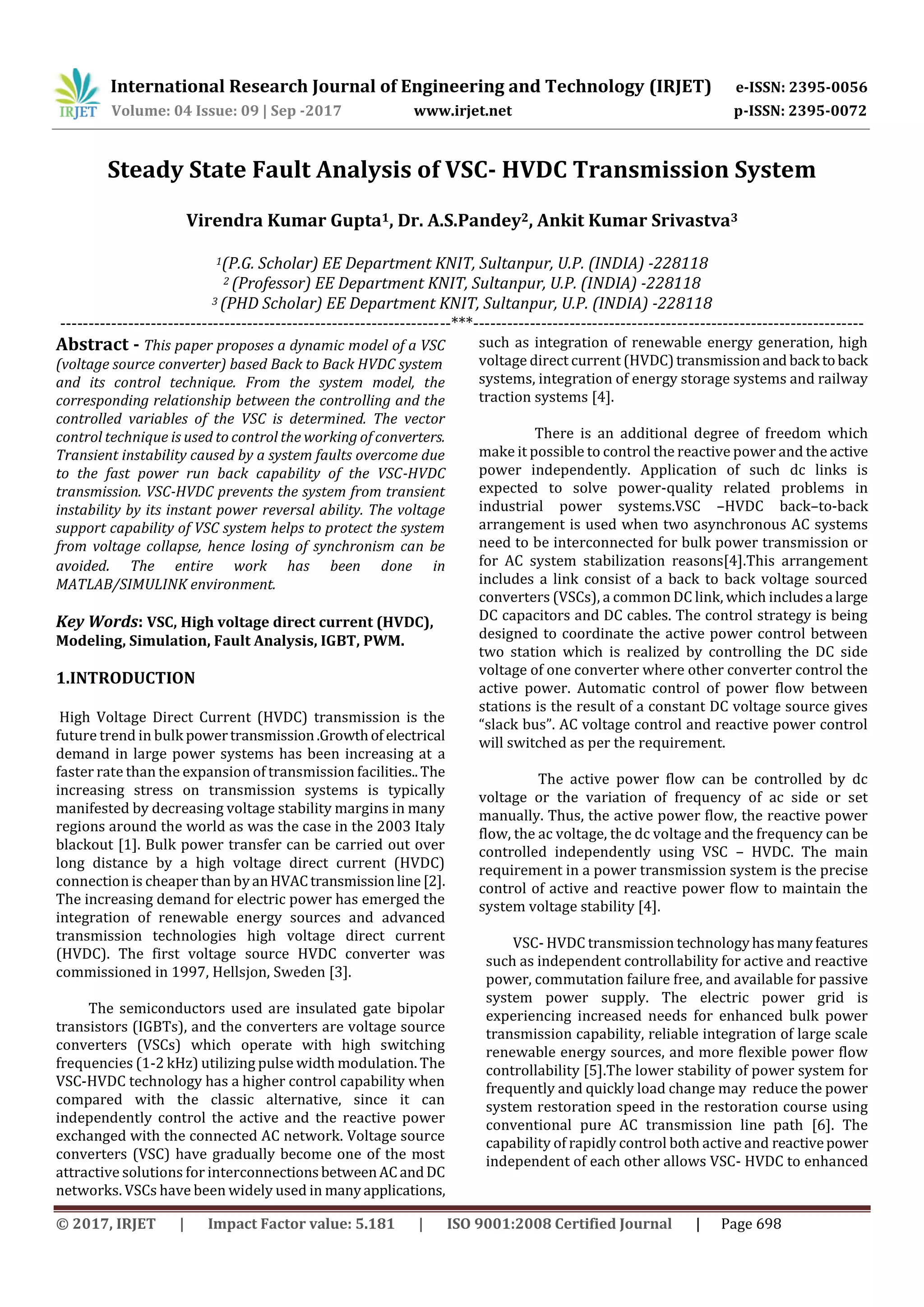 Steady State Fault Analysis of VSC- HVDC Transmission System | PDF