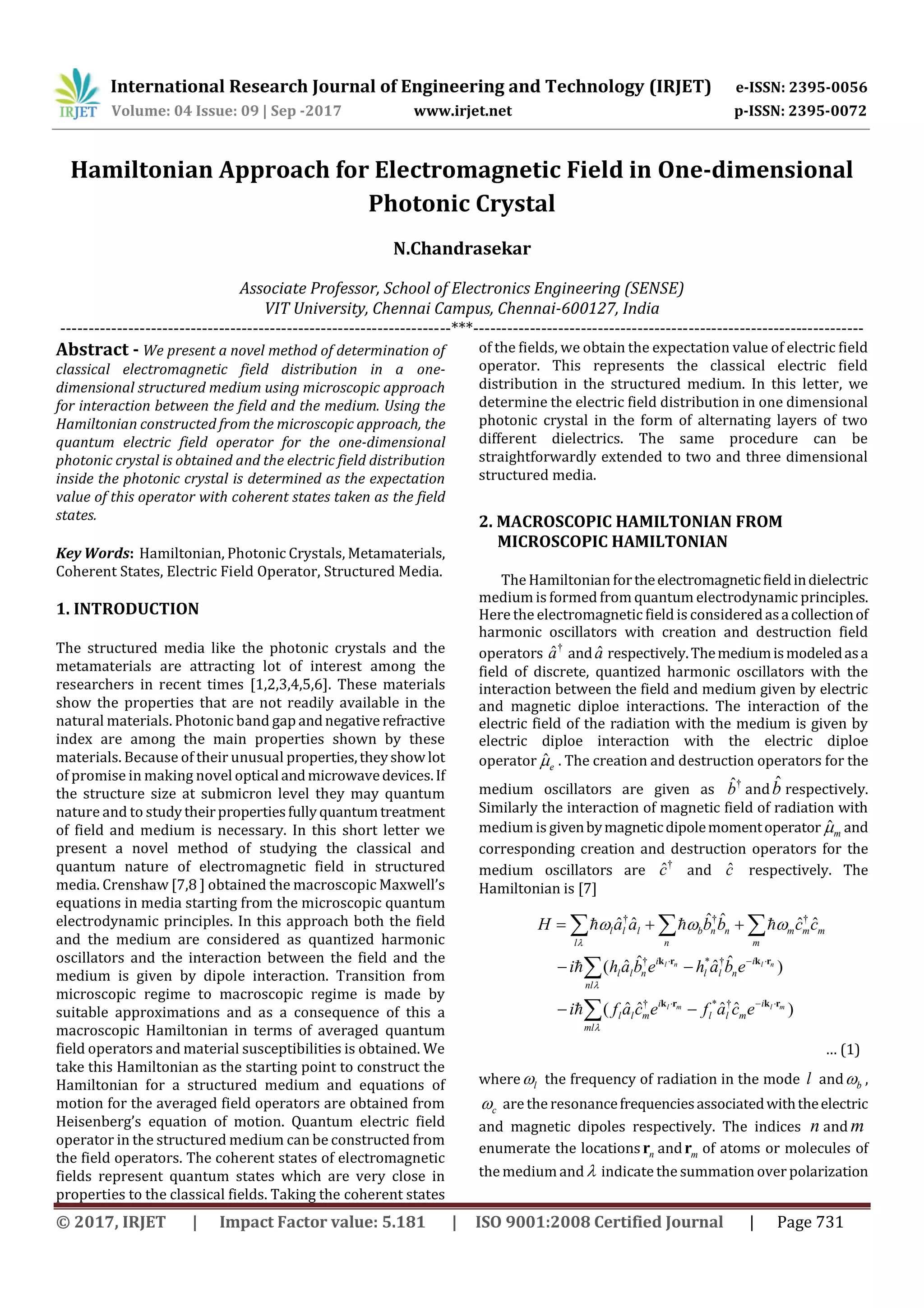 Hamiltonian Approach for Electromagnetic Field in One-dimensional Photonic Crystal | PDF