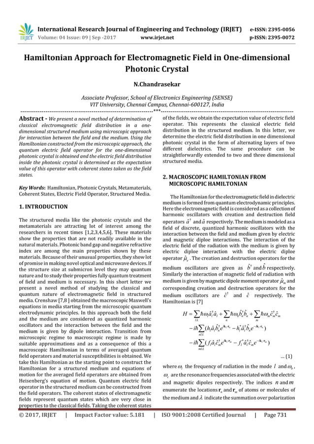 Hamiltonian Approach For Electromagnetic Field In One Dimensional