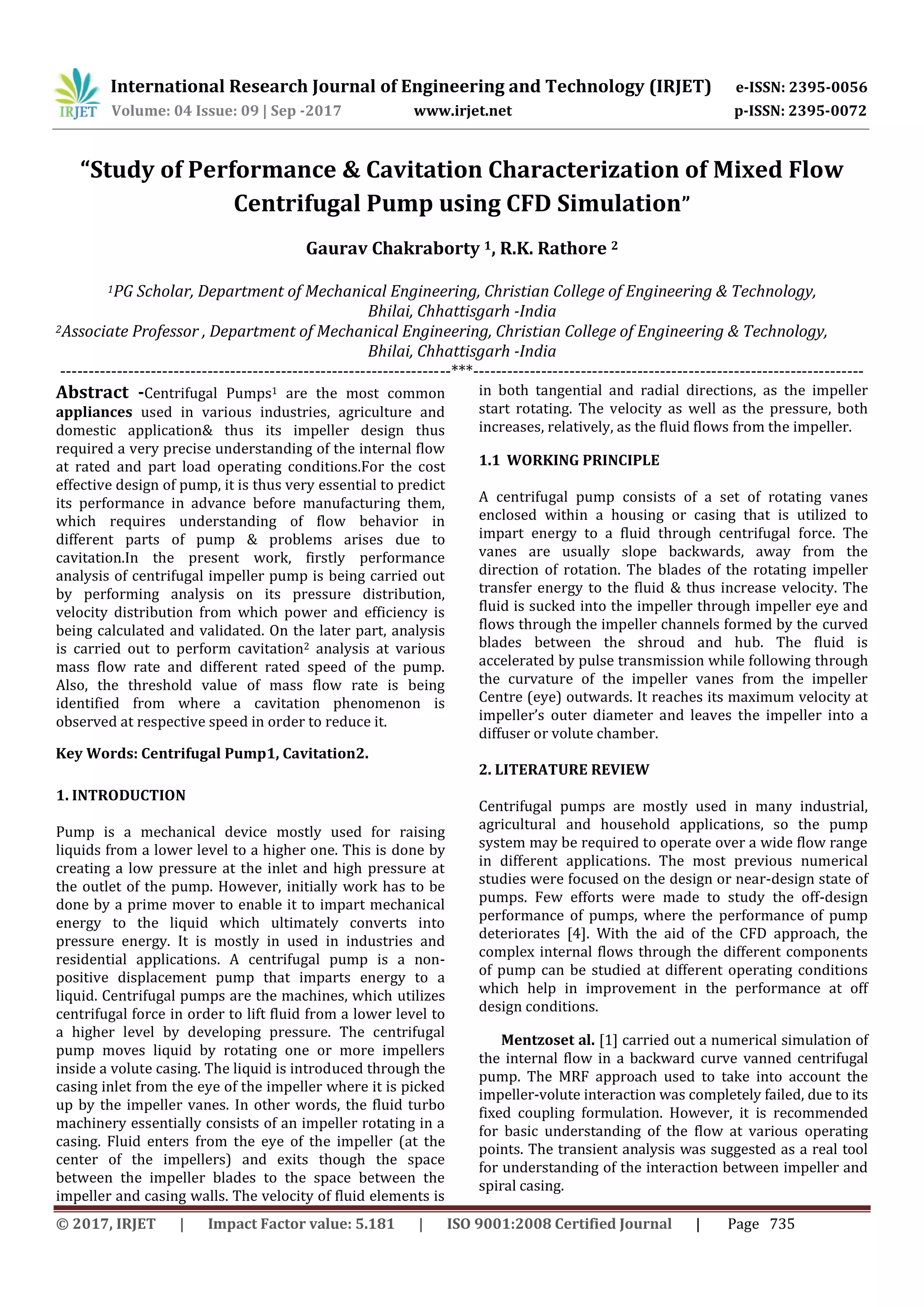 Study of Performance & Cavitation Characterization of Mixed Flow ...