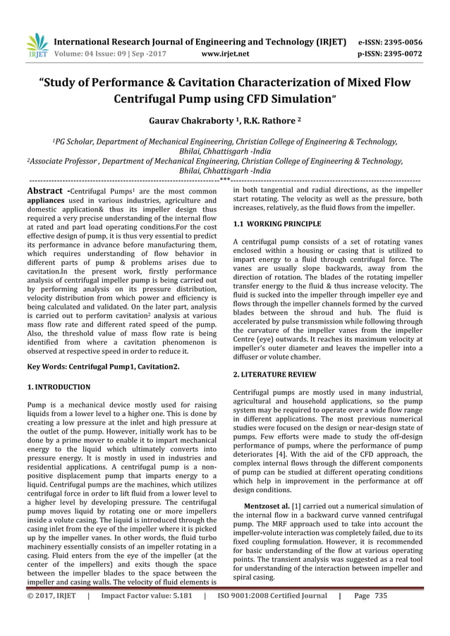 Study of Performance & Cavitation Characterization of Mixed Flow Centrifugal Pump using CFD ...